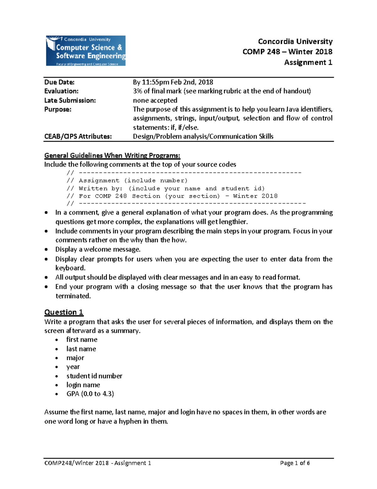 Comp 248 A1 - Assignment 1 - Concordia University COMP 248 – Winter 2018 Assignment 1 Due Date ...