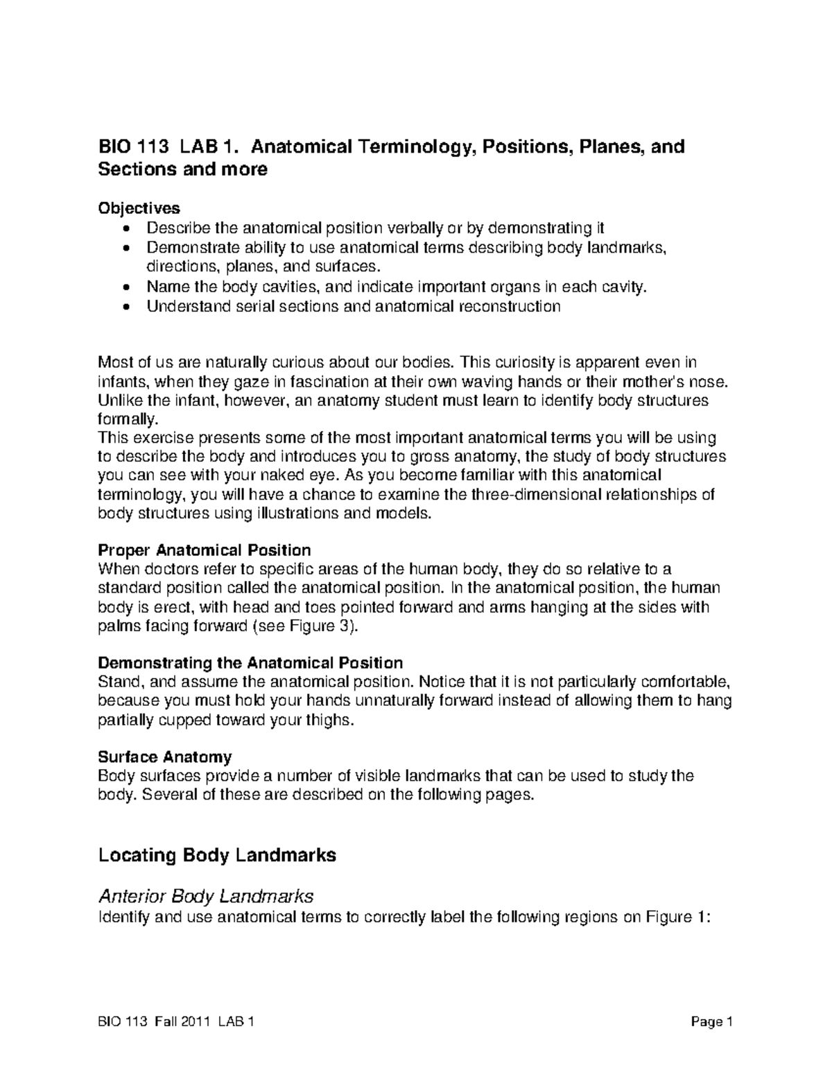 Anatomical positions lab - BIO 113 LAB 1. Anatomical Terminology ...