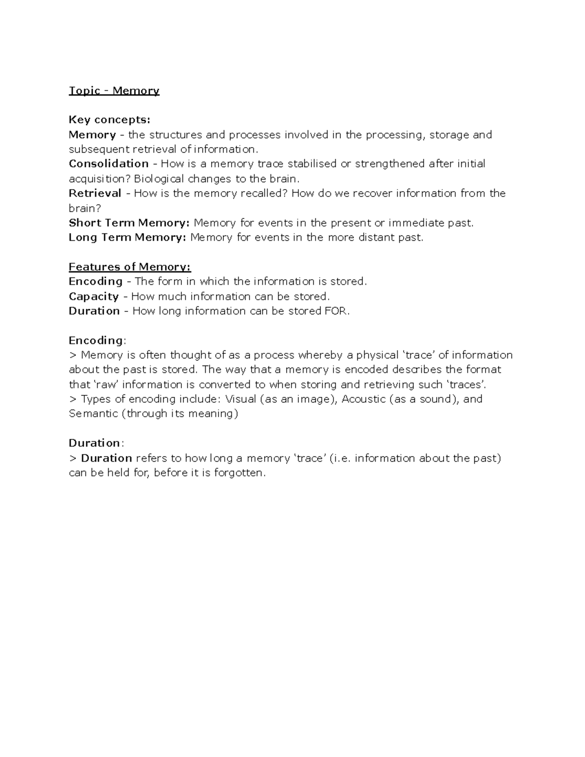 Memory Summary Notes - its really good - Topic - Memory Key concepts ...