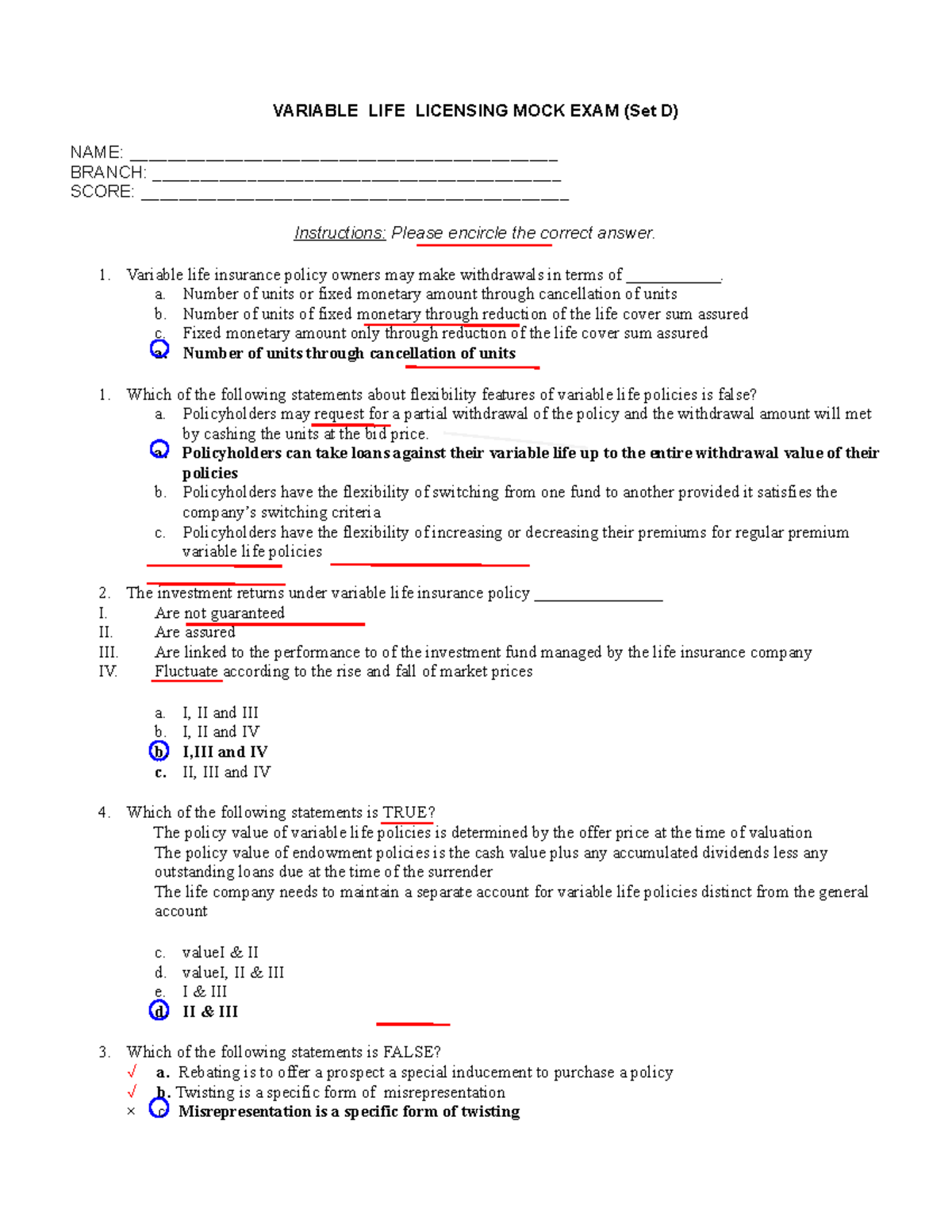 Variable Life Mock Exam Reviewer with keywords - VARIABLE LIFE ...