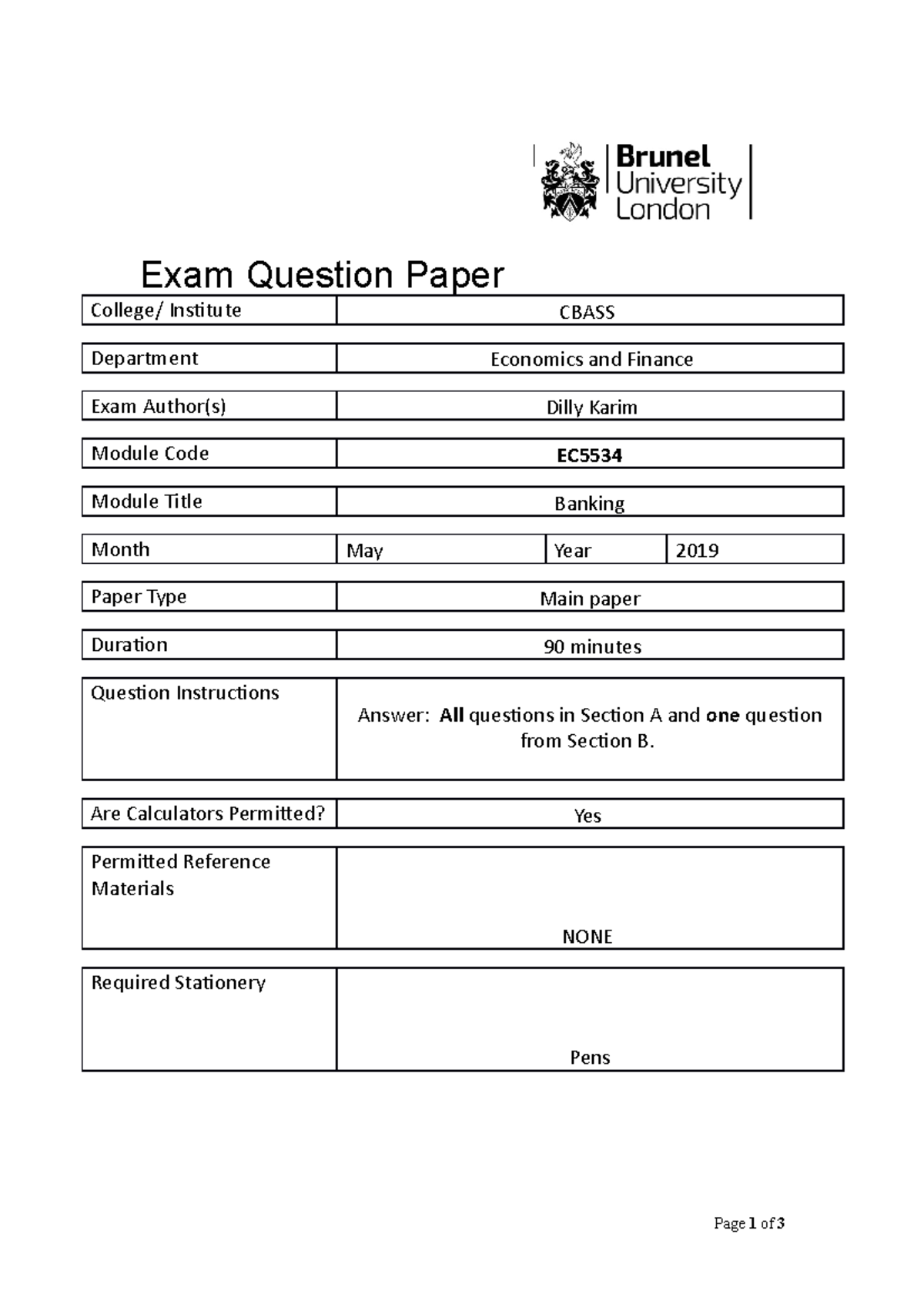 EC5534 May 2019 - final may exam paper - Exam Question Paper College ...