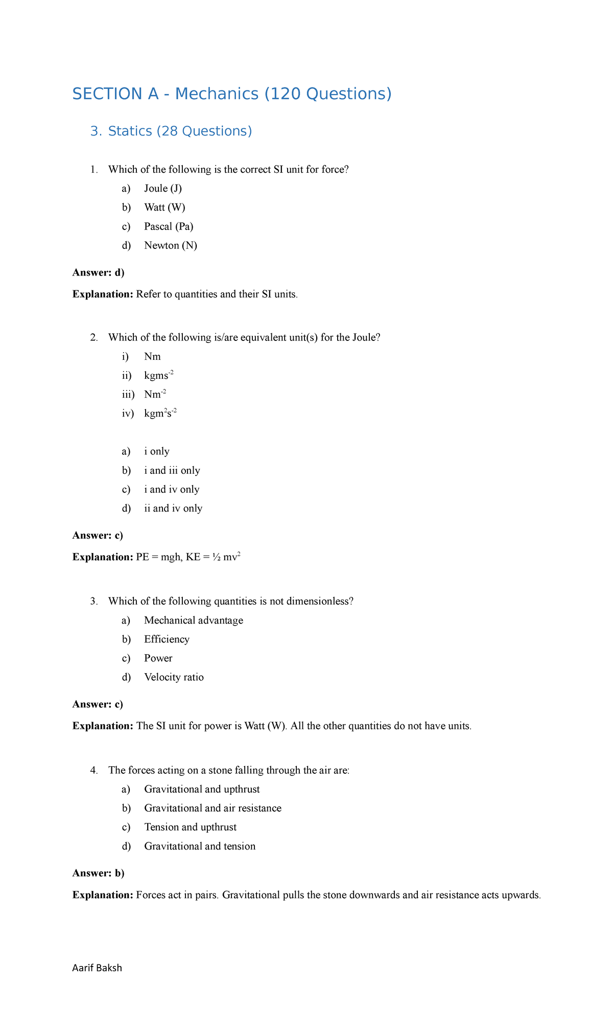 Physics A3 - Question with answers on Mechanics - SECTION A - Mechanics ...