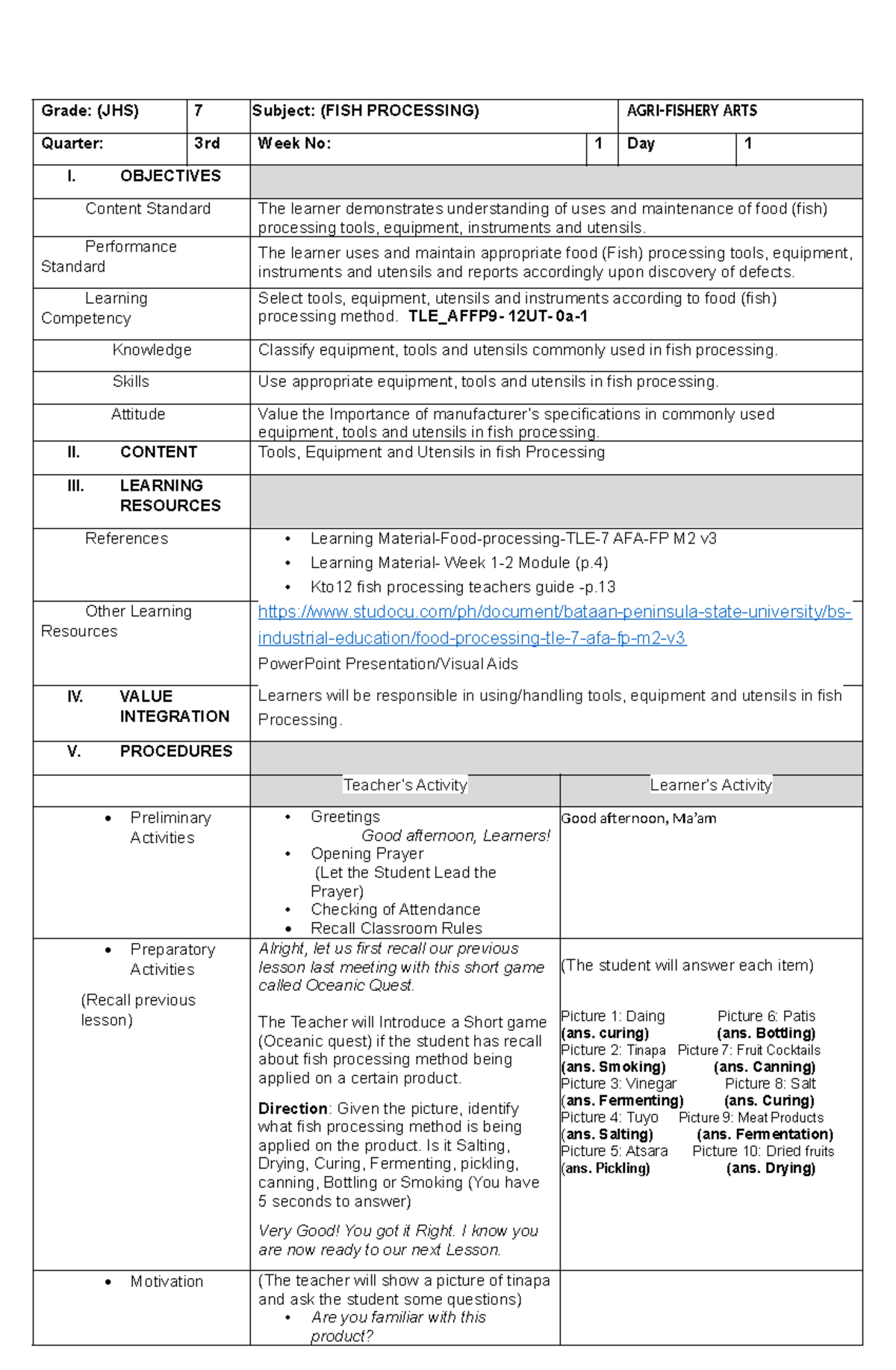 Lesson Plan for ranking (demo) - Grade: (JHS) 7 Subject: (FISH ...