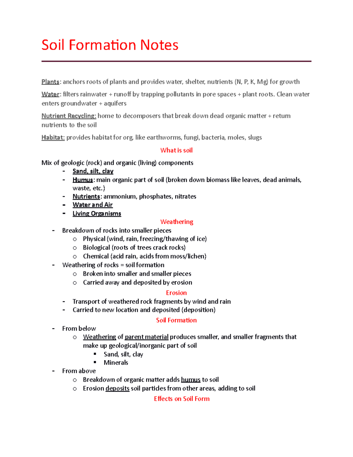 Soil Formation Notes - Soil Formation Notes Plants: anchors roots of ...