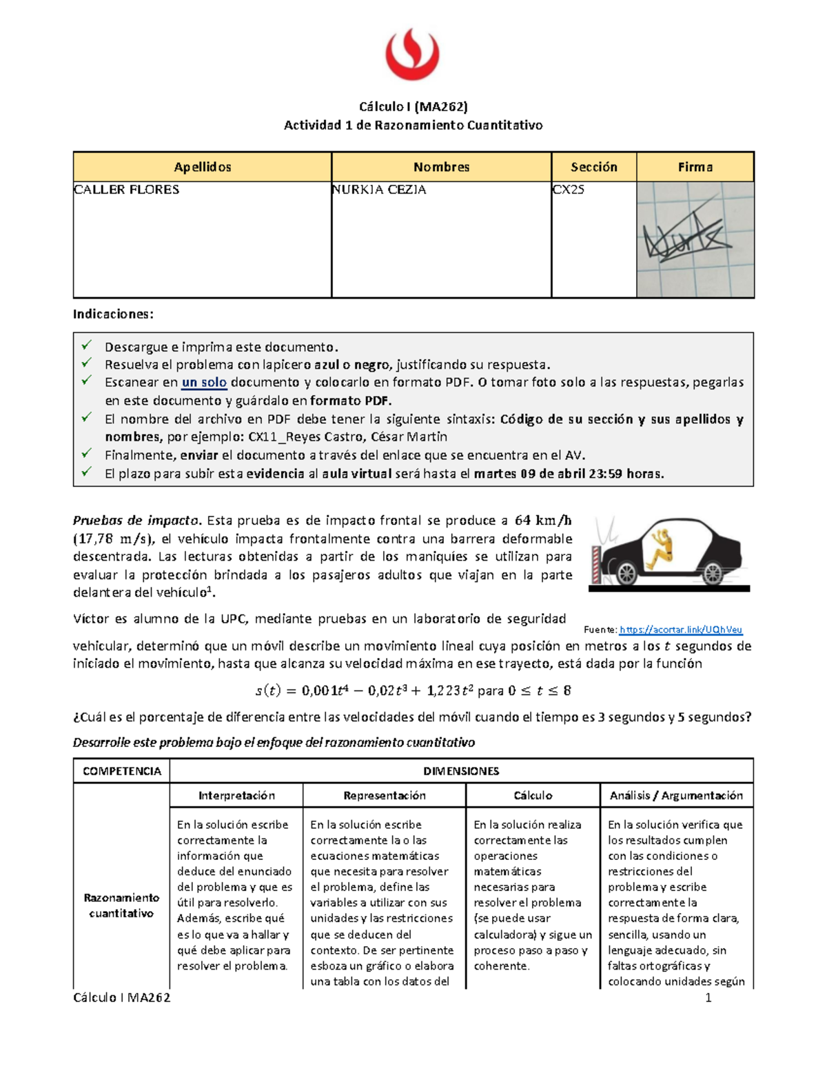 Actividad 1 RC Movimiento Rectilíneo - Cálculo I (MA262) Actividad 1 de ...