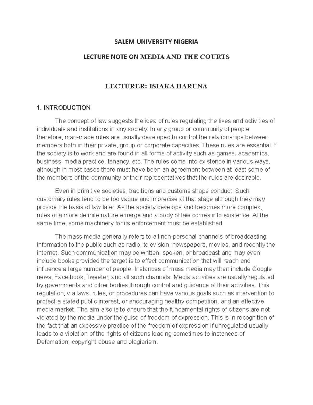 Lecture NOTE ON Media AND THE Courts - SALEM UNIVERSITY NIGERIA LECTURE ...