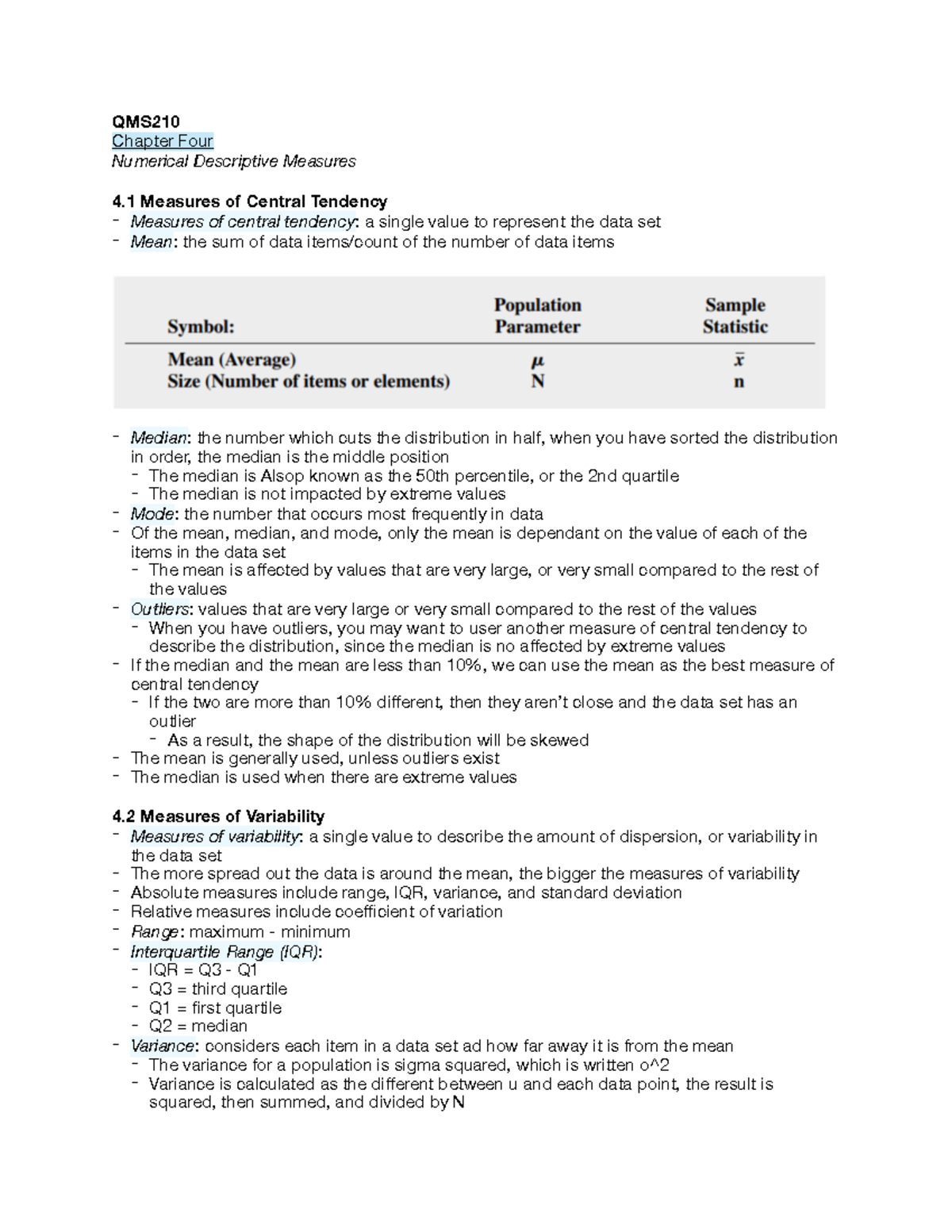 QMS210 Week 2 - numerical descriptive measures - QMS Chapter Four Numerical Descriptive Measures ...