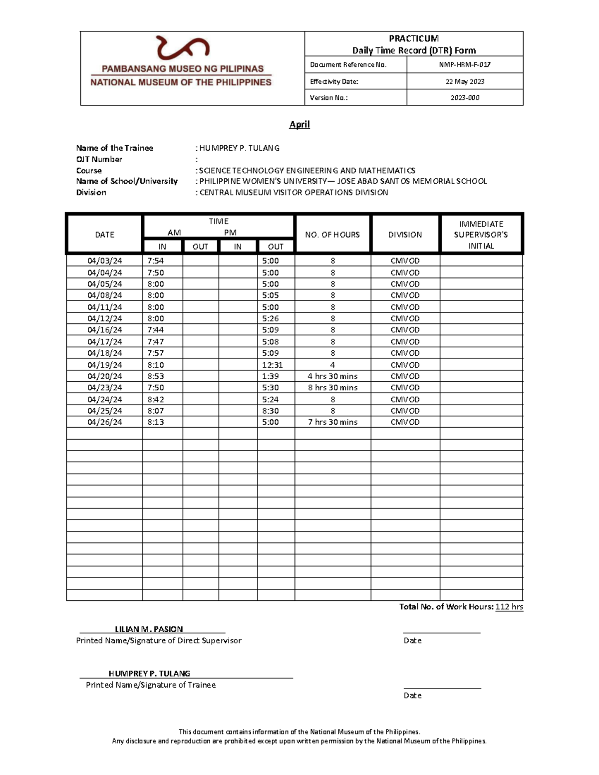 Humprey%20dtr - Kamma a - PRACTICUM Daily Time Record (DTR) Form ...