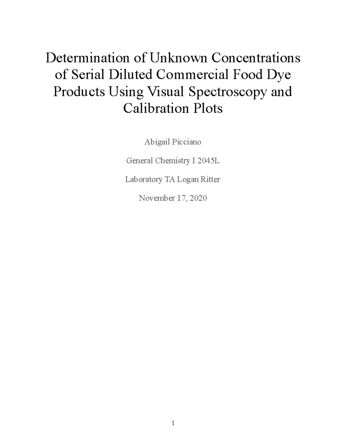 CHM 2045L Lab Report Food Dye Analysis- Abigail Picciano ...