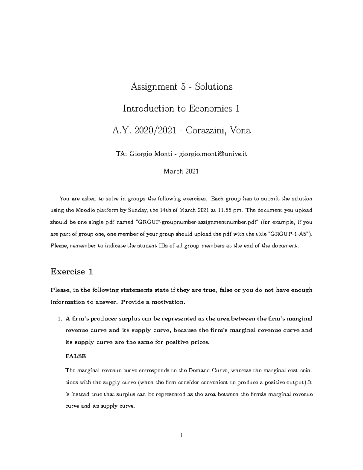Assignment 5 Solutions - Assignment 5 - Solutions Introduction to Economics 1 A. 2020/2021 ...