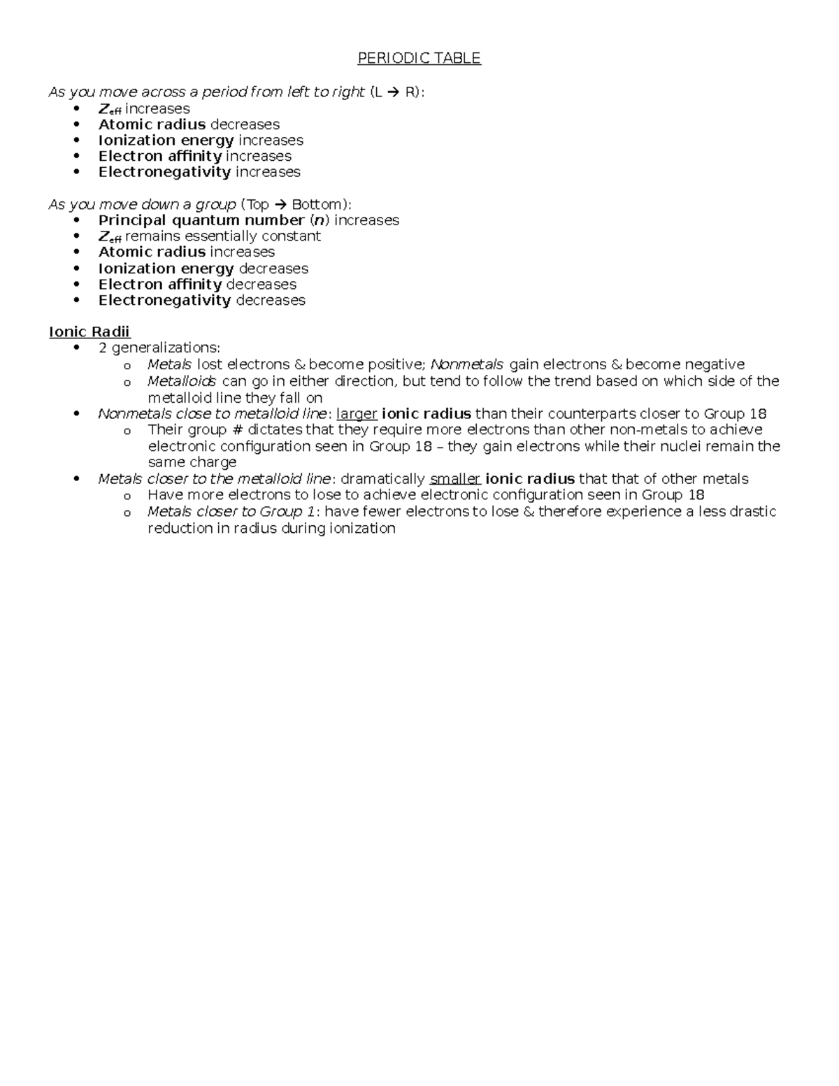 Periodic Table Trends - Summary Notes - PERIODIC TABLE As you move ...