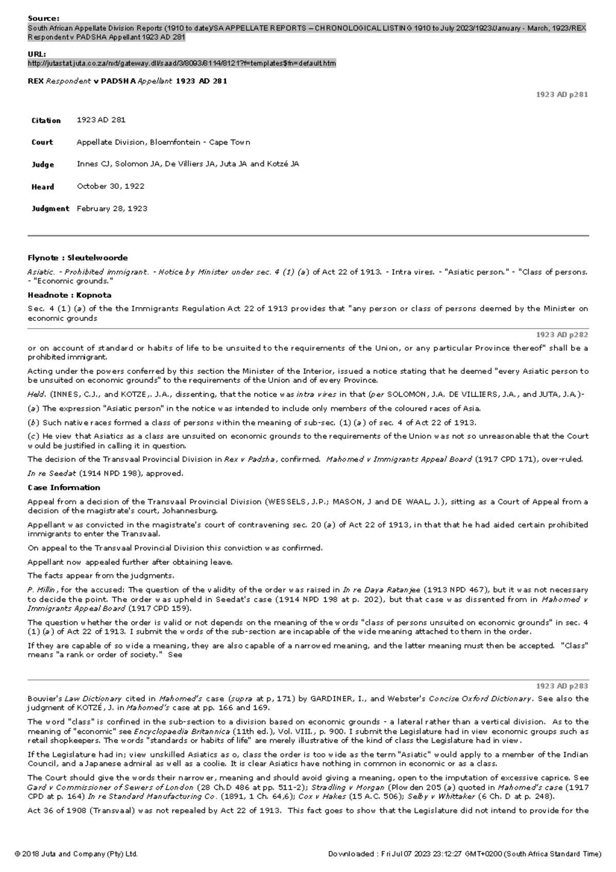 REX Respondent v Padsha Appellant 1923 AD 281 - Source: South African ...