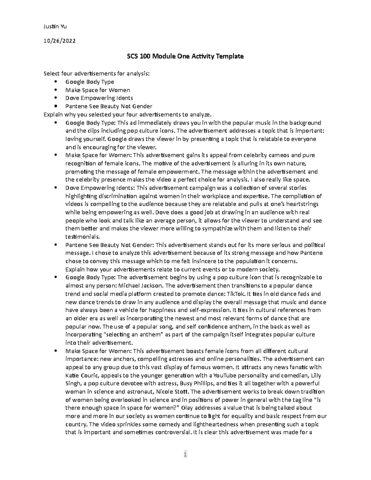 Yu SCS 100 Module One Activity - Justin Yu 10/26/ SCS 100 Module One ...