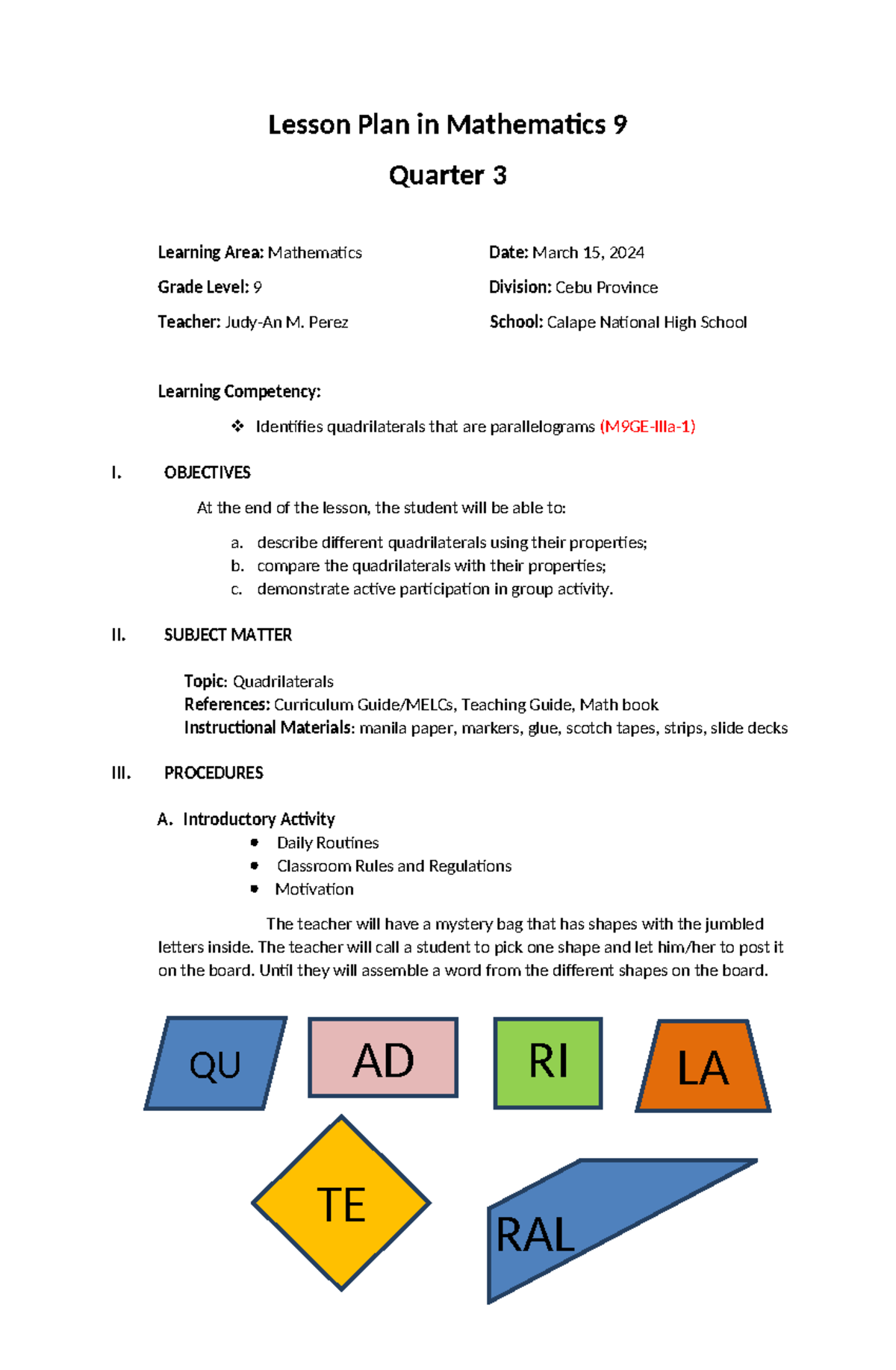 CO 3 - It will be a great help. - QU Lesson Plan in Mathematics 9 ...
