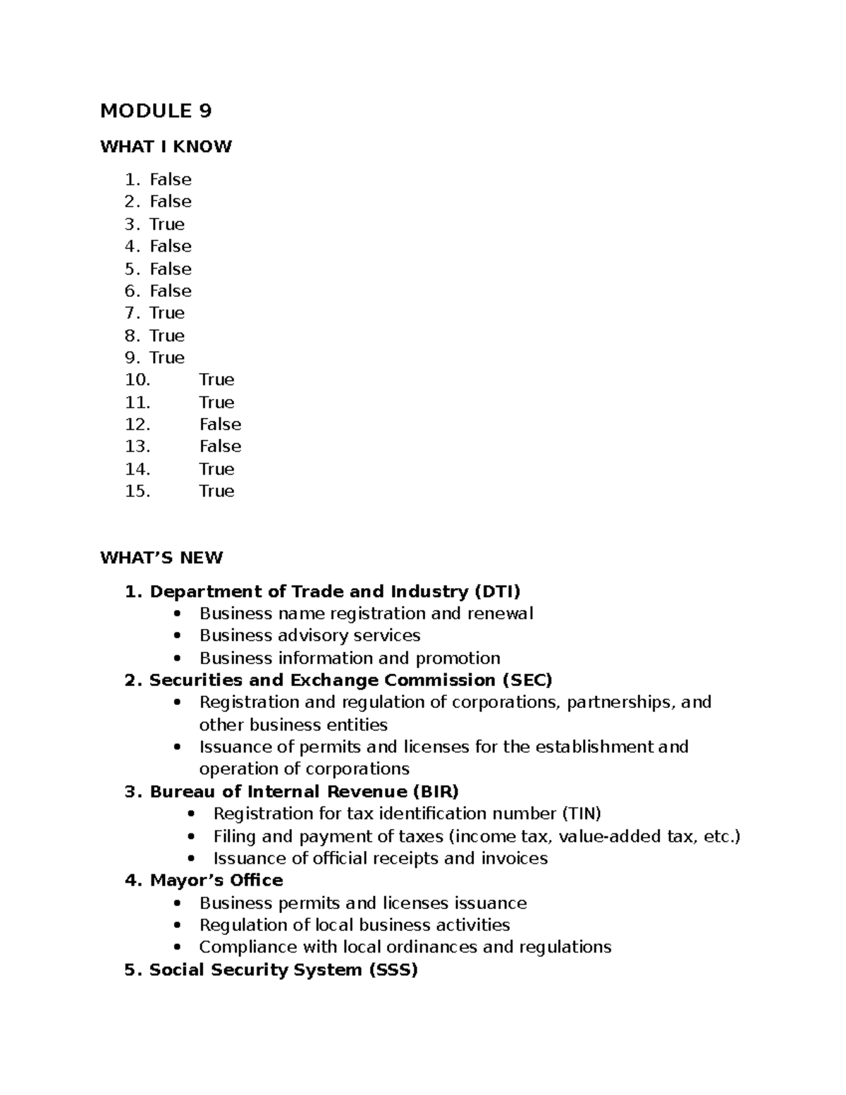 Module 9 Jane - Summary Entrepreneurship - MODULE 9 WHAT I KNOW False ...