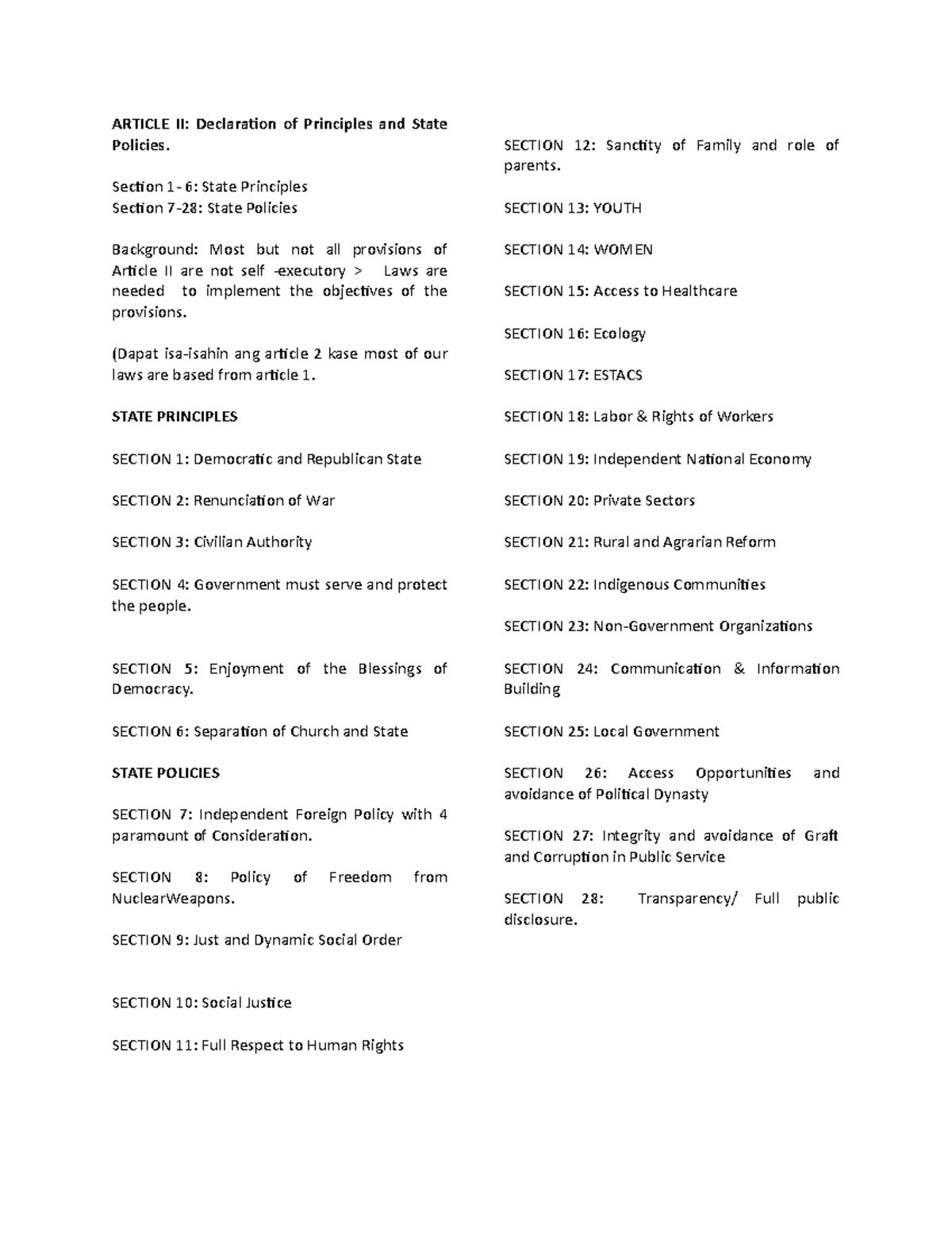 Polgov Midterm Reviewer - ARTICLE II: Declaration of Principles and ...
