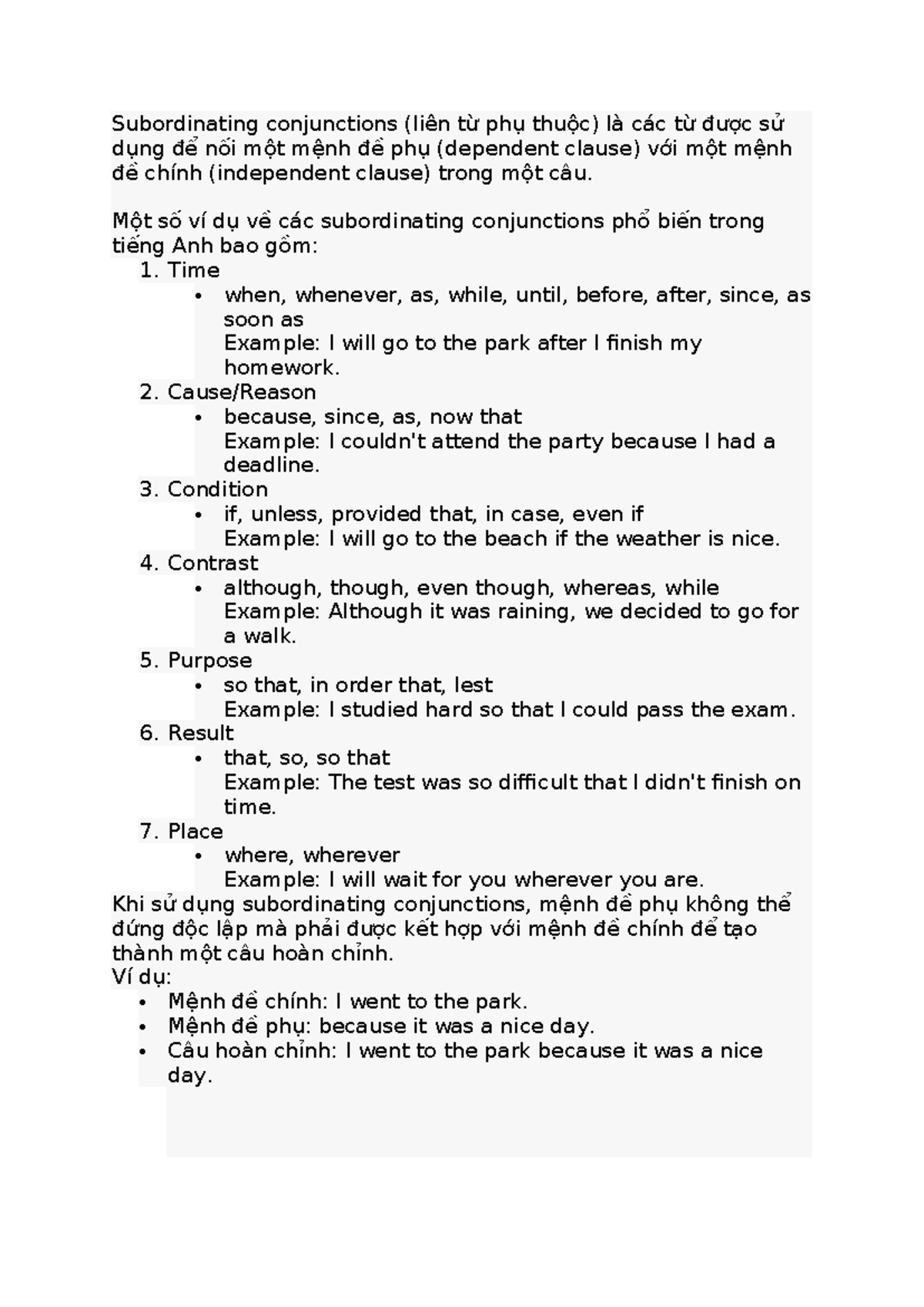 Conjunctions Notes - Subordinating conjunctions (liên từ phụ thuộc) là ...