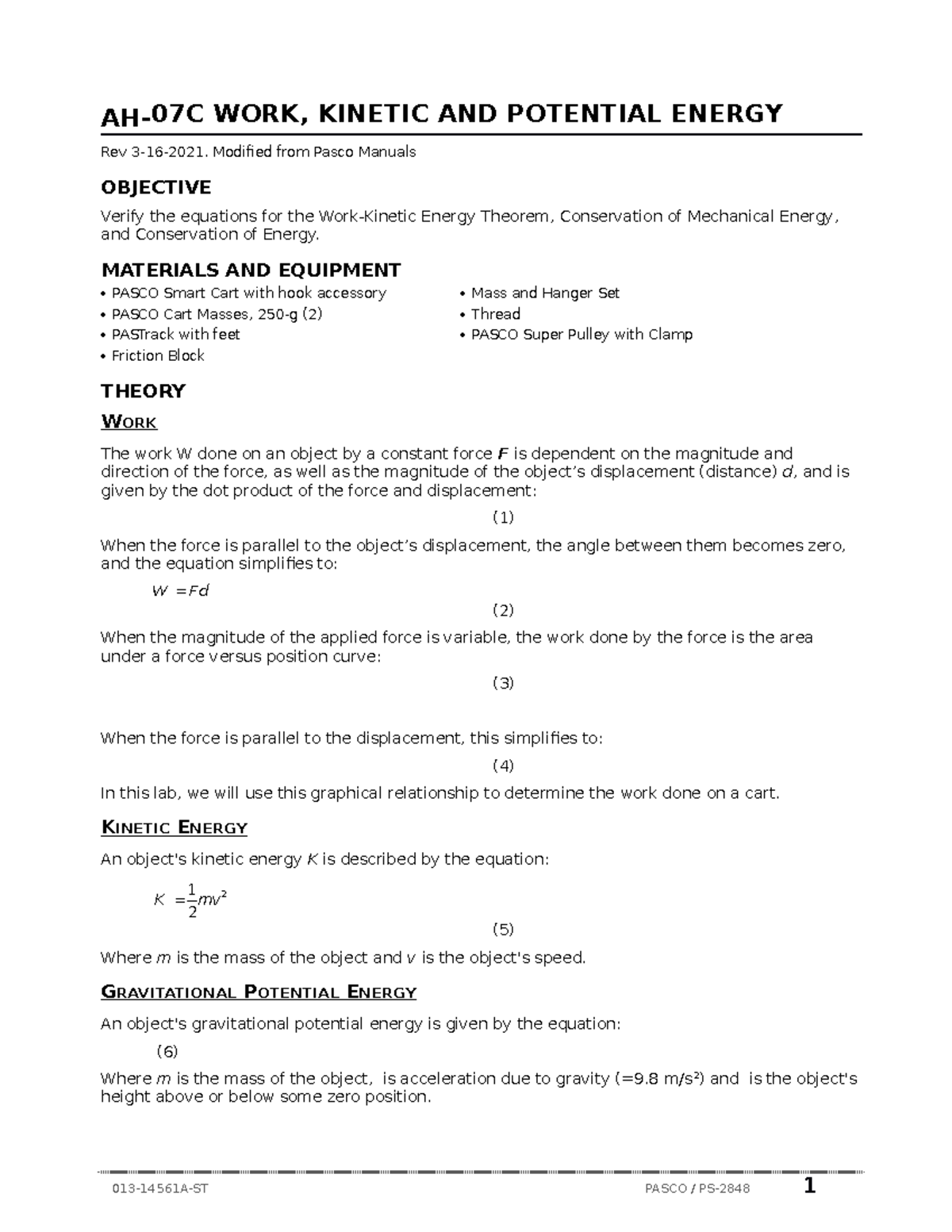 AH-07C Work, Kinetic and Potential Energy-rev - AH-07C WORK, KINETIC ...