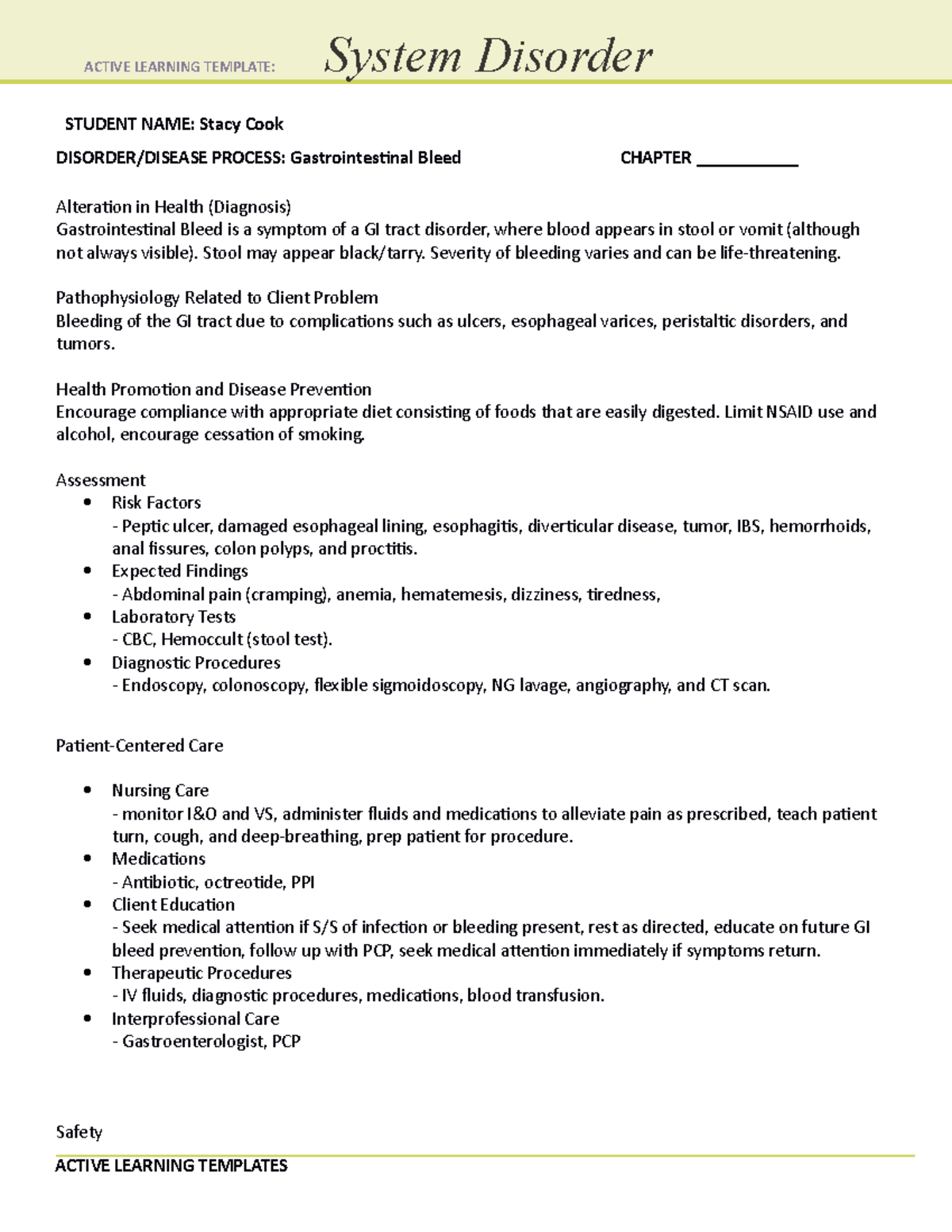 ATI System Disorder- Gastrointestinal Bleed - STUDENT NAME: Stacy Cook ...