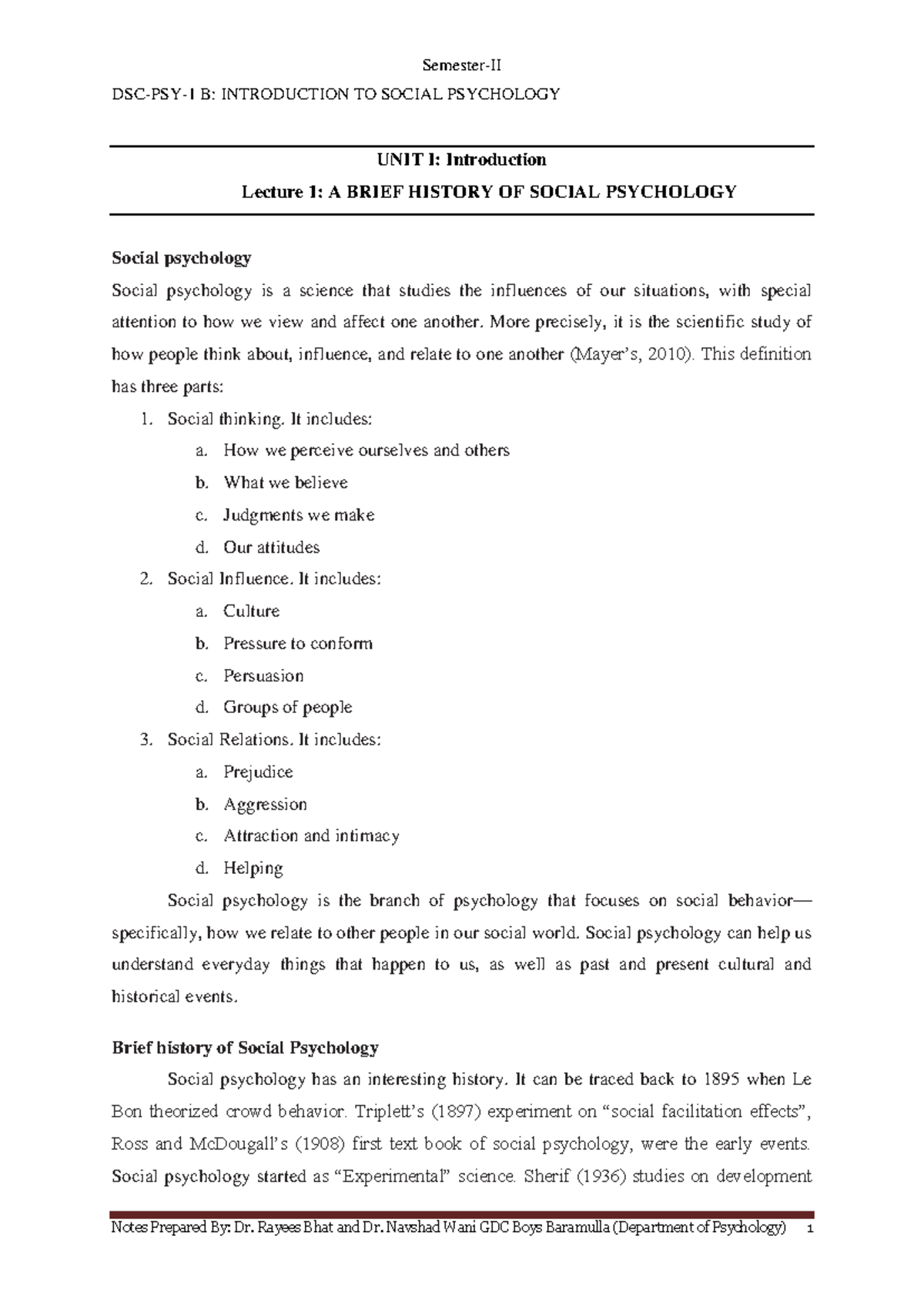 Social psychology - DSC-PSY-1 B: INTRODUCTION TO SOCIAL PSYCHOLOGY UNIT ...