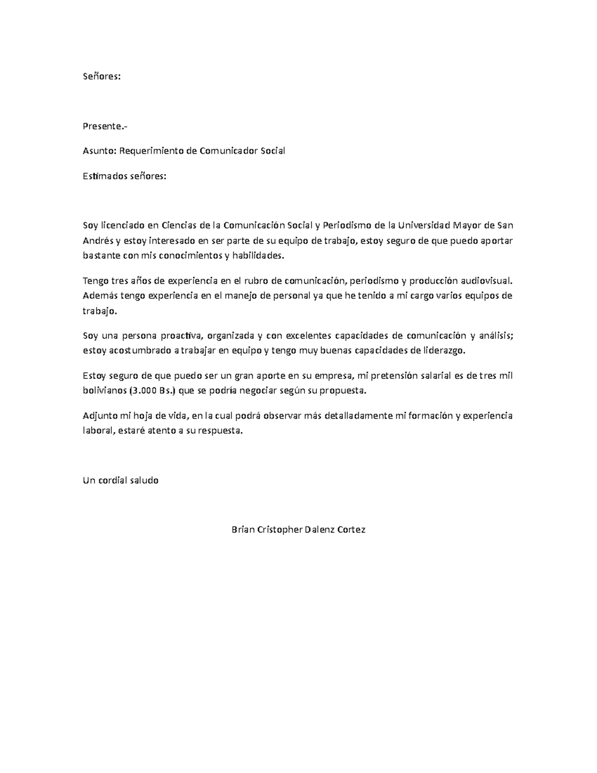 Carta de presentación - Señores: Presente.- Asunto: Requerimiento de ...