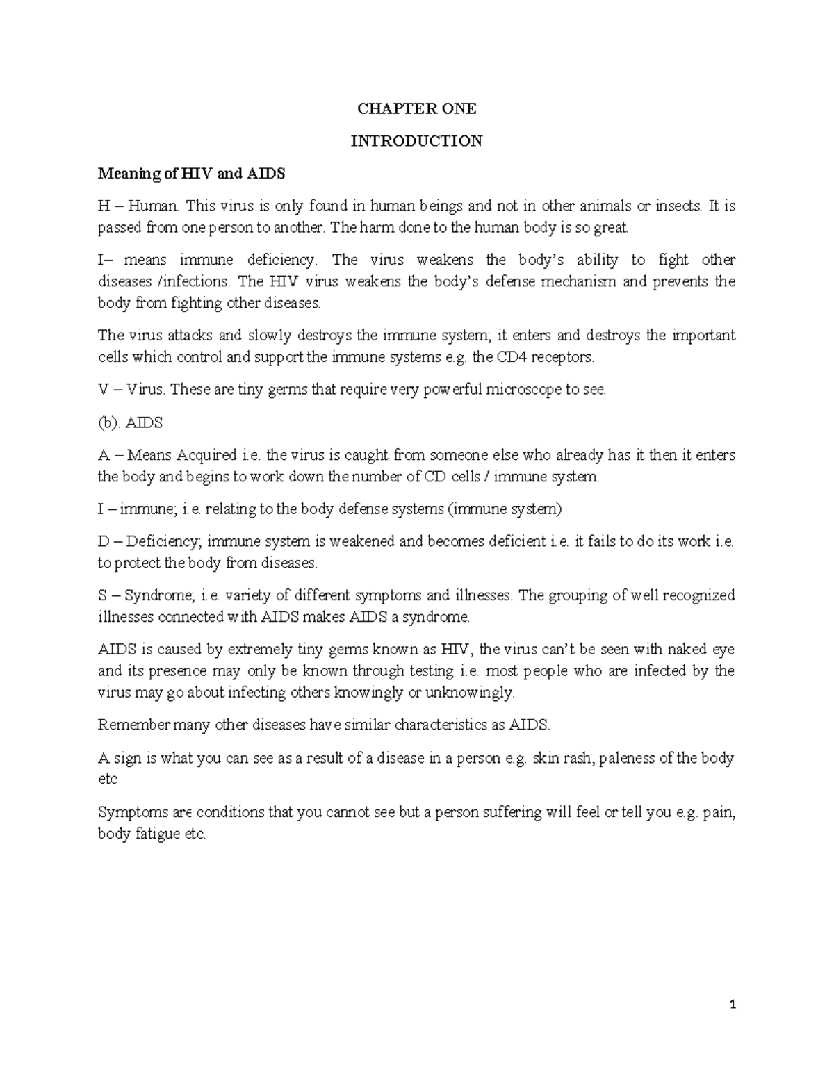 Hivaids AND Other Pendemics - CHAPTER ONE INTRODUCTION Meaning of HIV ...