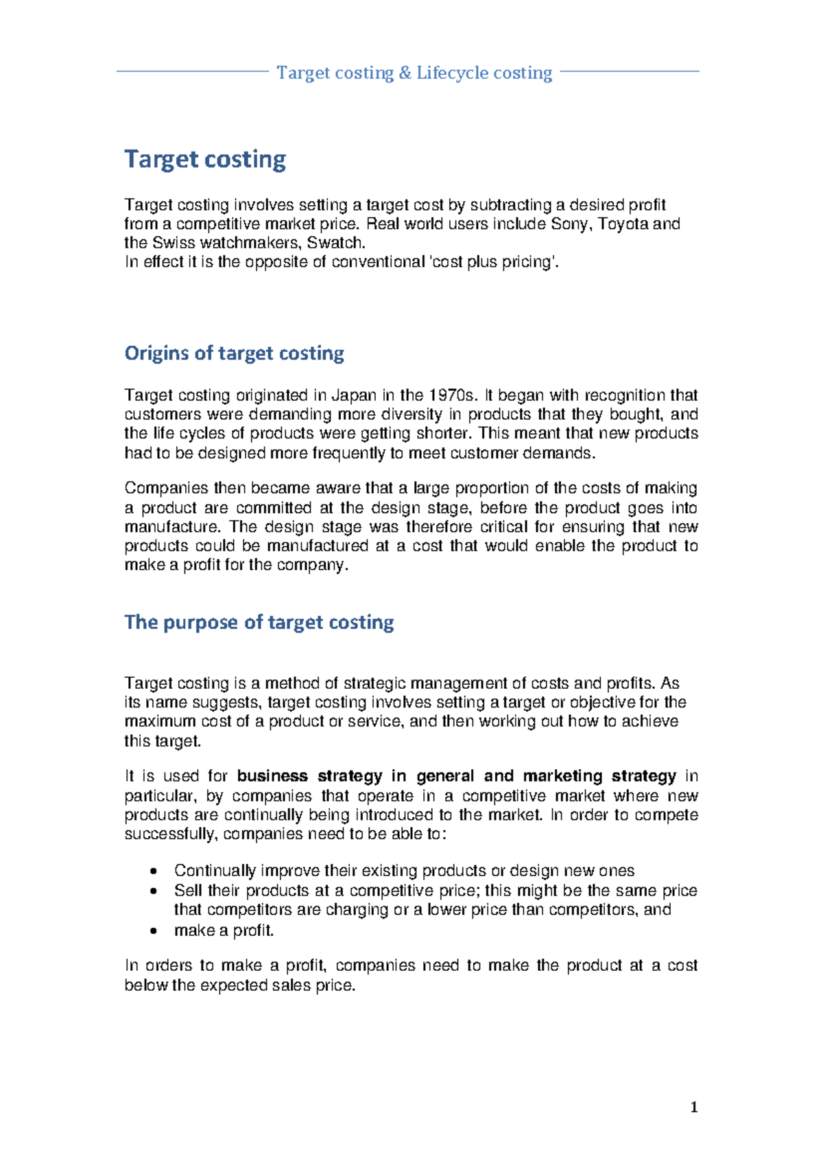 Target costing & Life cycle costing notes - Target costing Target ...