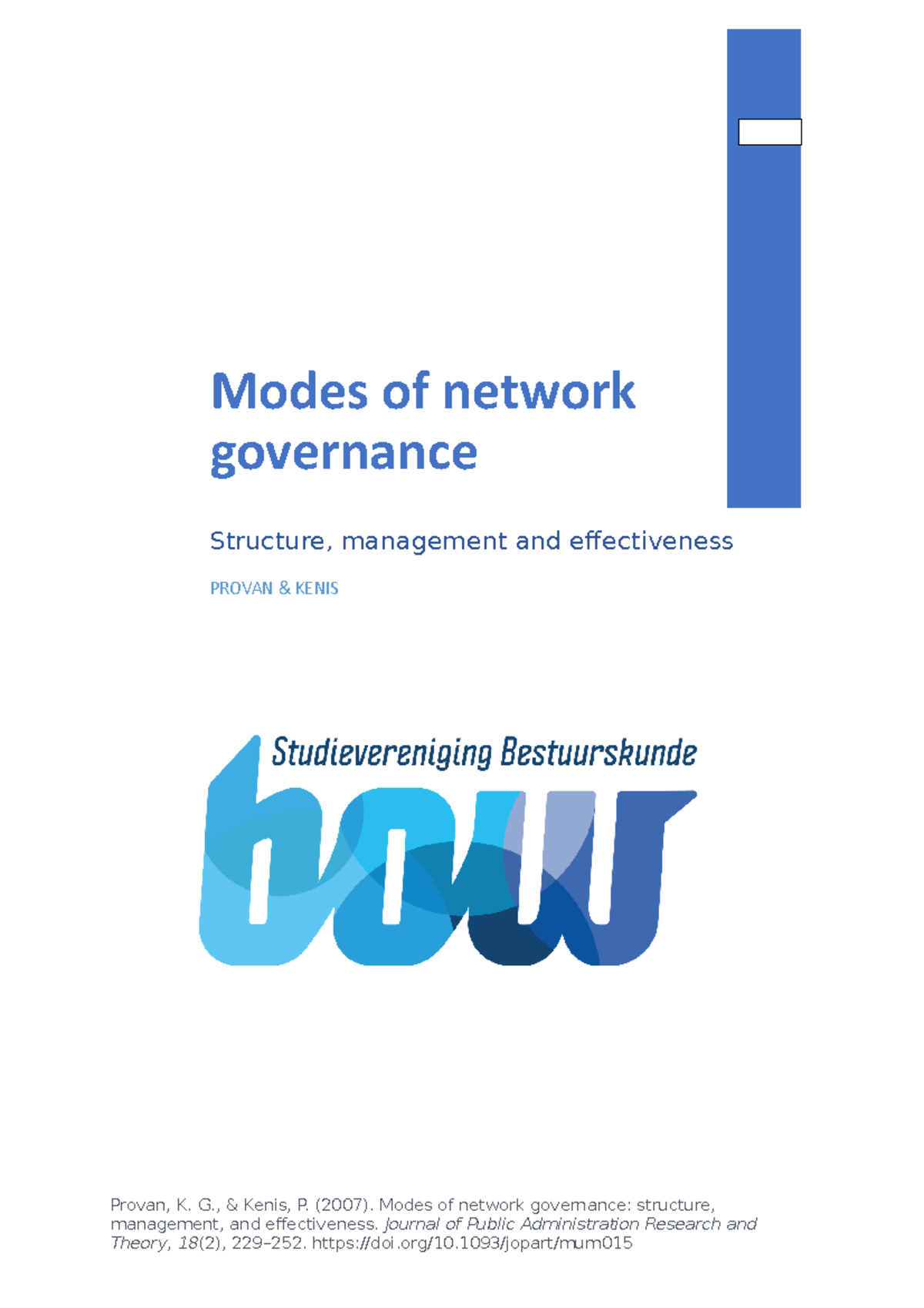 Provan Kenis Modes of network governance - Provan, K. G., & Kenis, P ...
