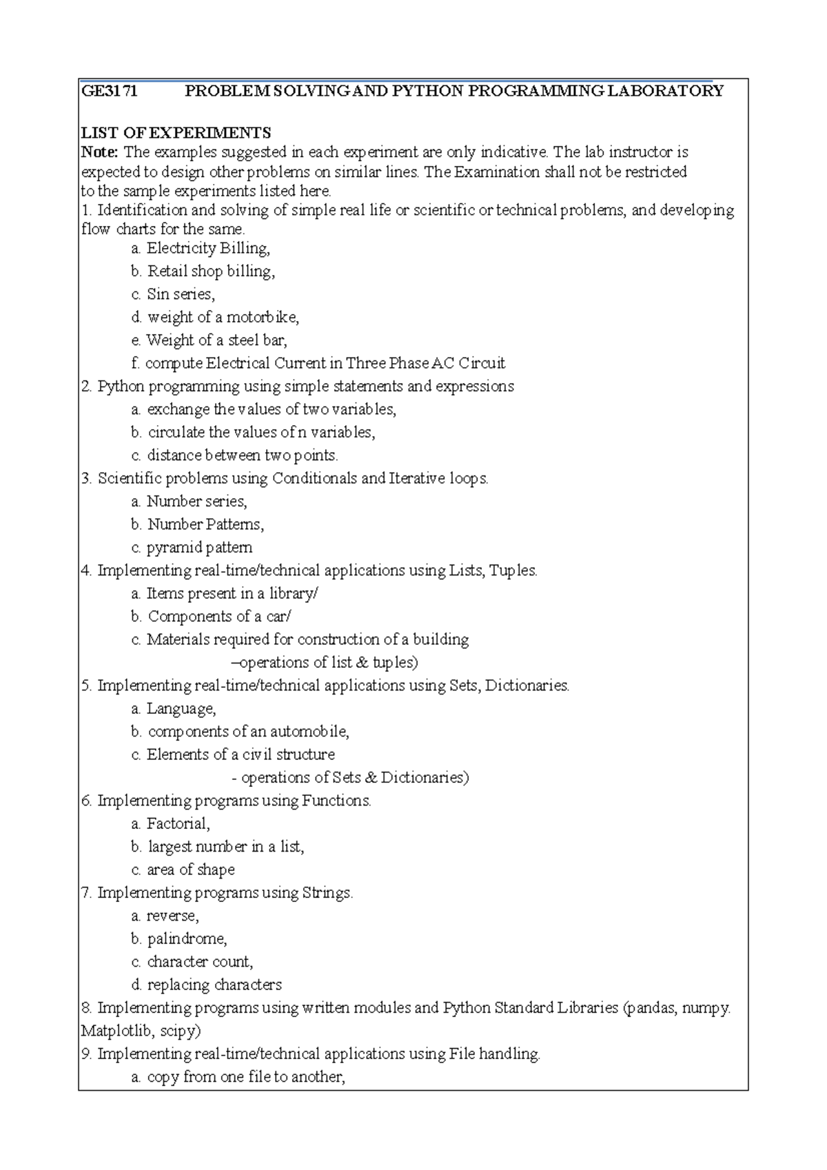 GE3171 - Python Lab Manual-1 - GE3171 PROBLEM SOLVING AND PYTHON PROGRAMMING LABORATORY LIST OF ...