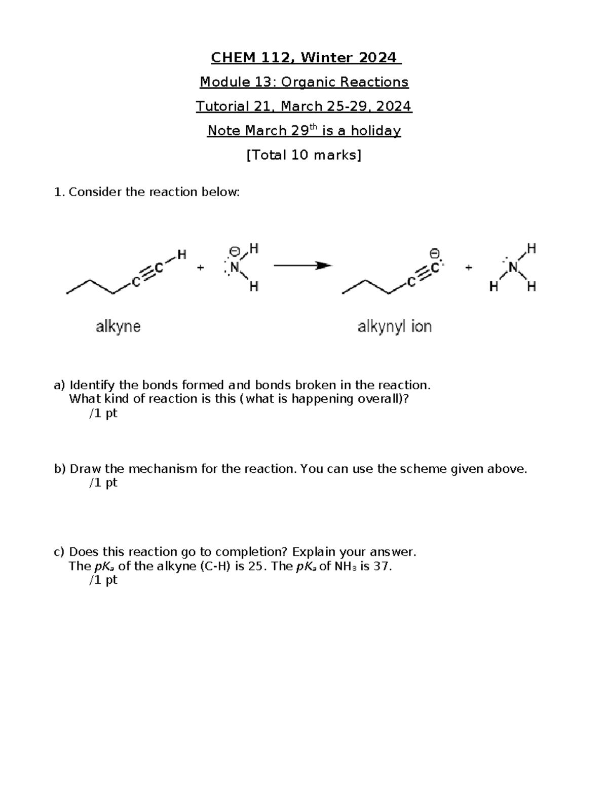 Module 13 Organic - Tutorial - Week 11 Blank - CHEM 112, Winter 2024 ...
