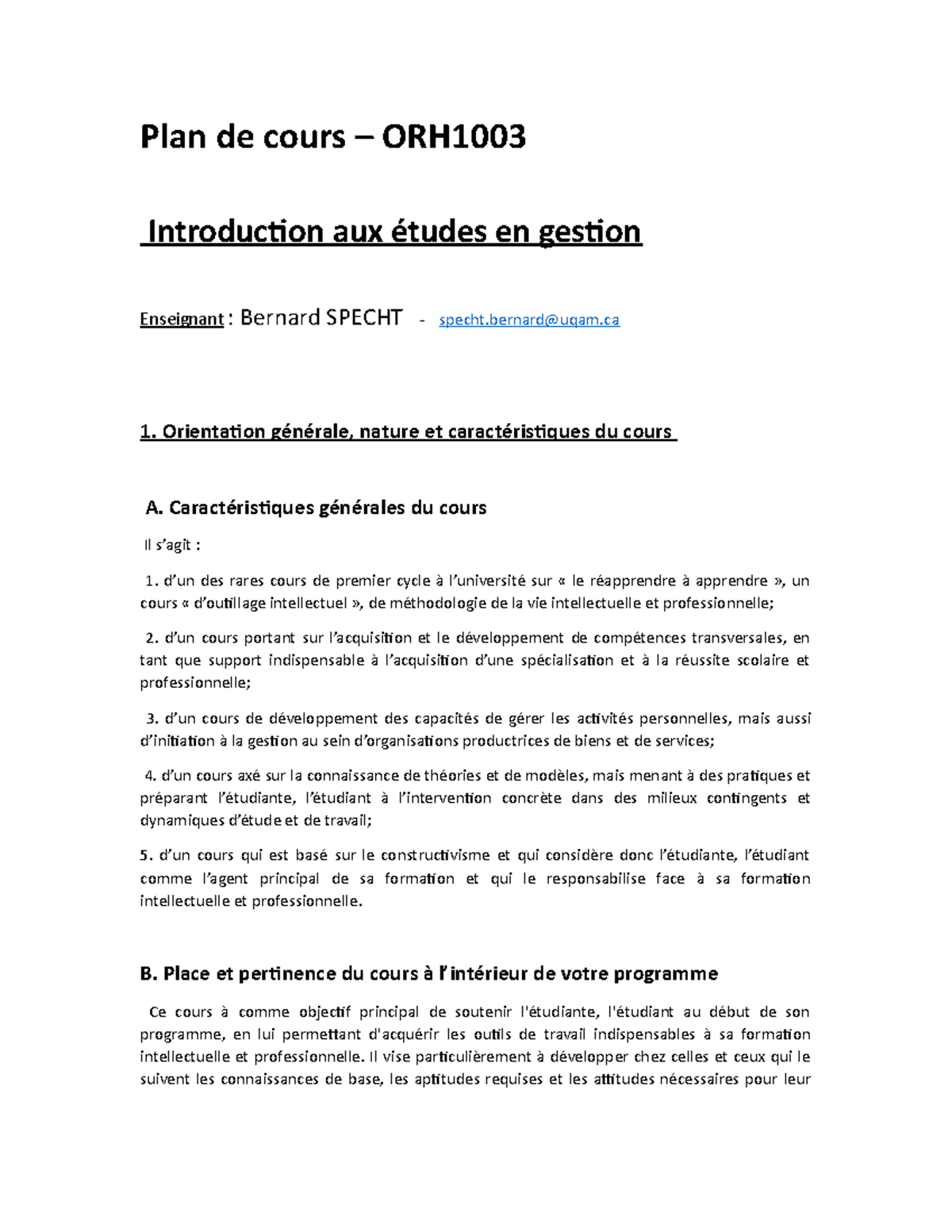 Plan de cours ORH - Plan de cours – ORH Introduction aux études en gestion Enseignant : Bernard ...