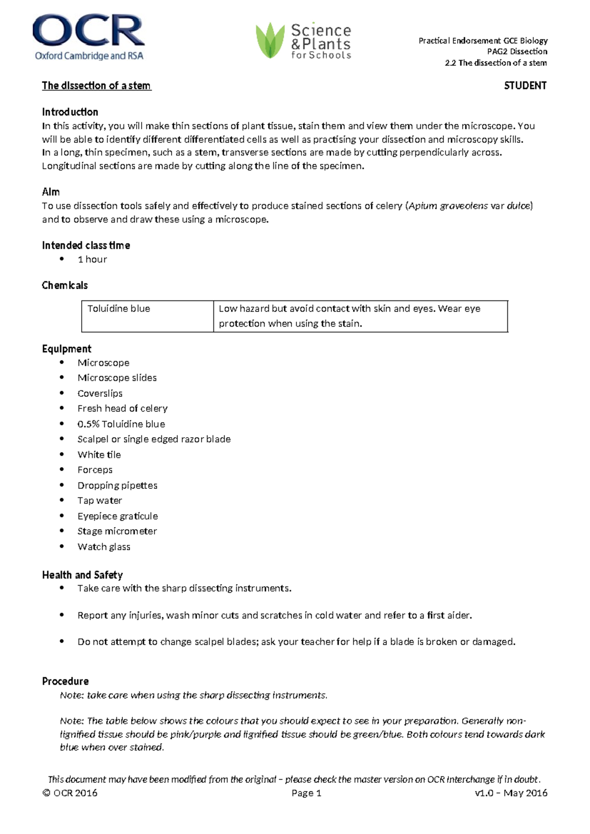 PAG2.2 Student Stem dissection v1 - Practical Endorsement GCE Biology ...