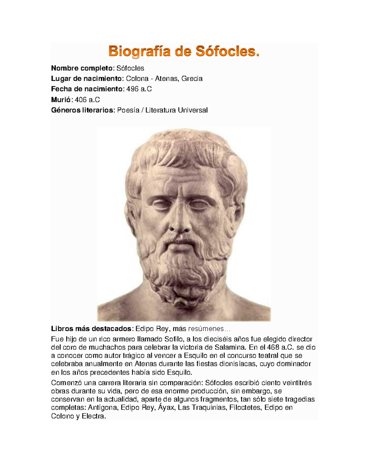 219314858 Biografia de Sofocles - Nombre completo: Sófocles Lugar de nacimiento: Colona - Atenas ...