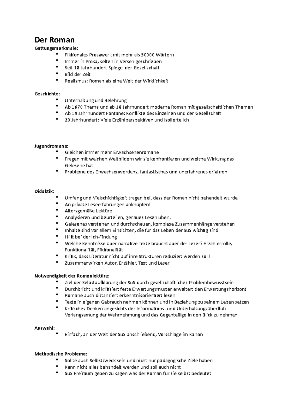 Der Roman - Der Roman Gattungsmerkmale: Fiktionales Prosawerk mit mehr ...