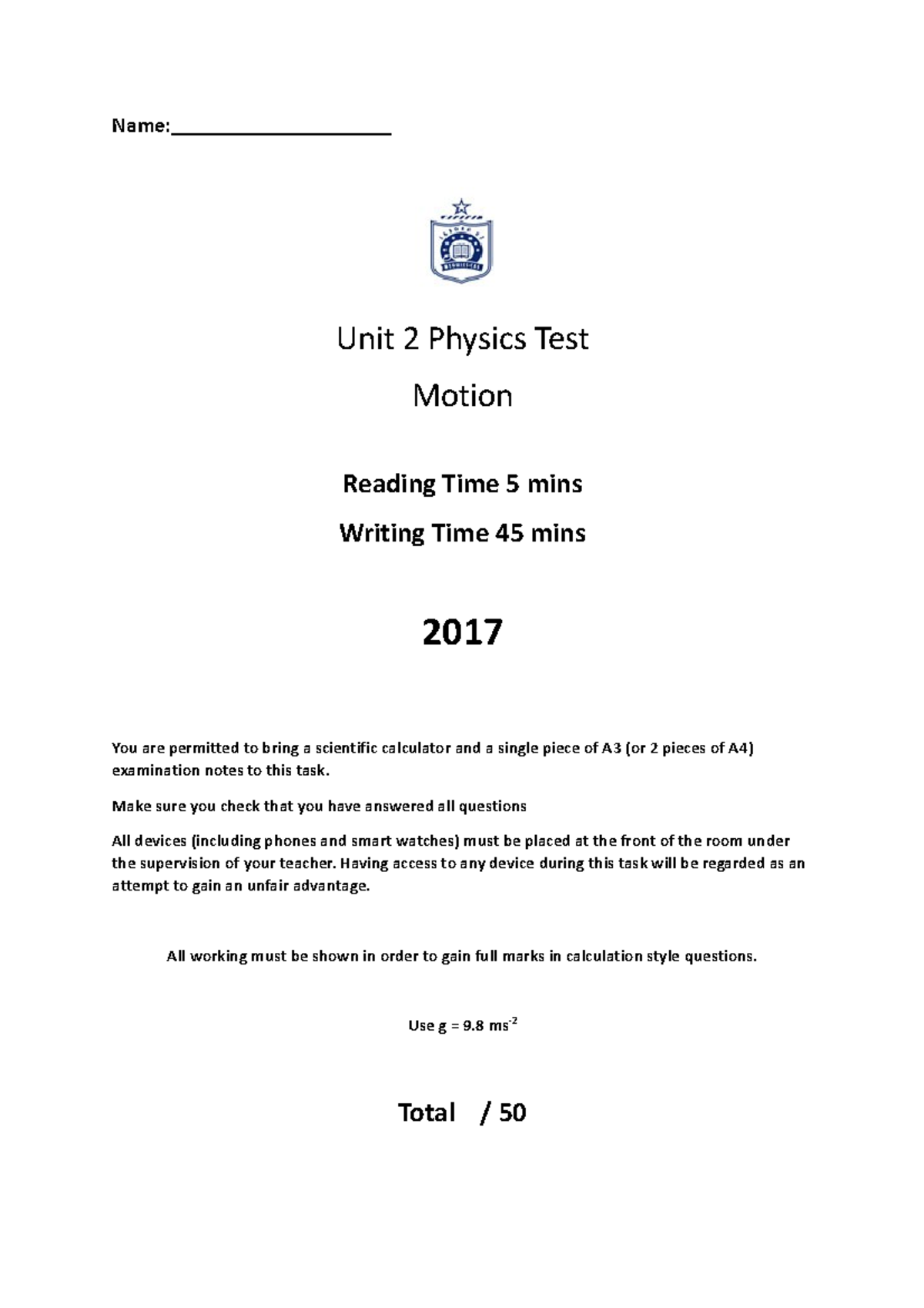 11PHY interim motion test 2017 - Name: Unit 2 Physics Test Motion ...
