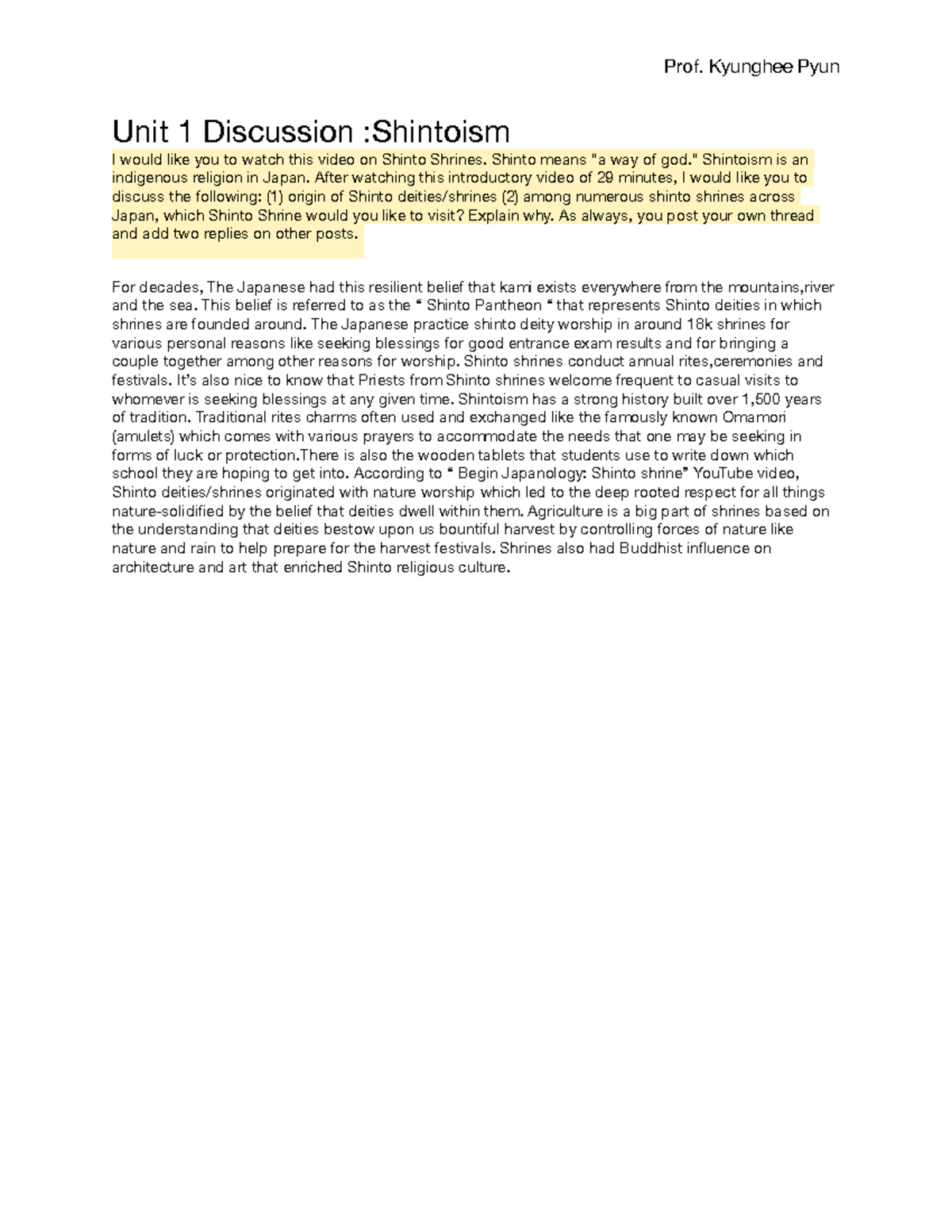 Shintoism assignment - Grade: A - Prof. Kyunghee Pyun Unit 1 Discussion ...