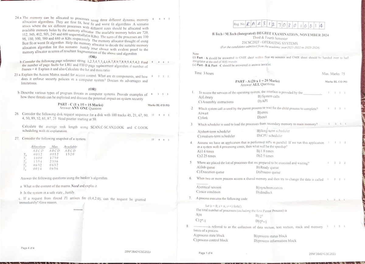 21CSC202J- Operating Systems NOV’24 - 24 a The memory can be allocated ...