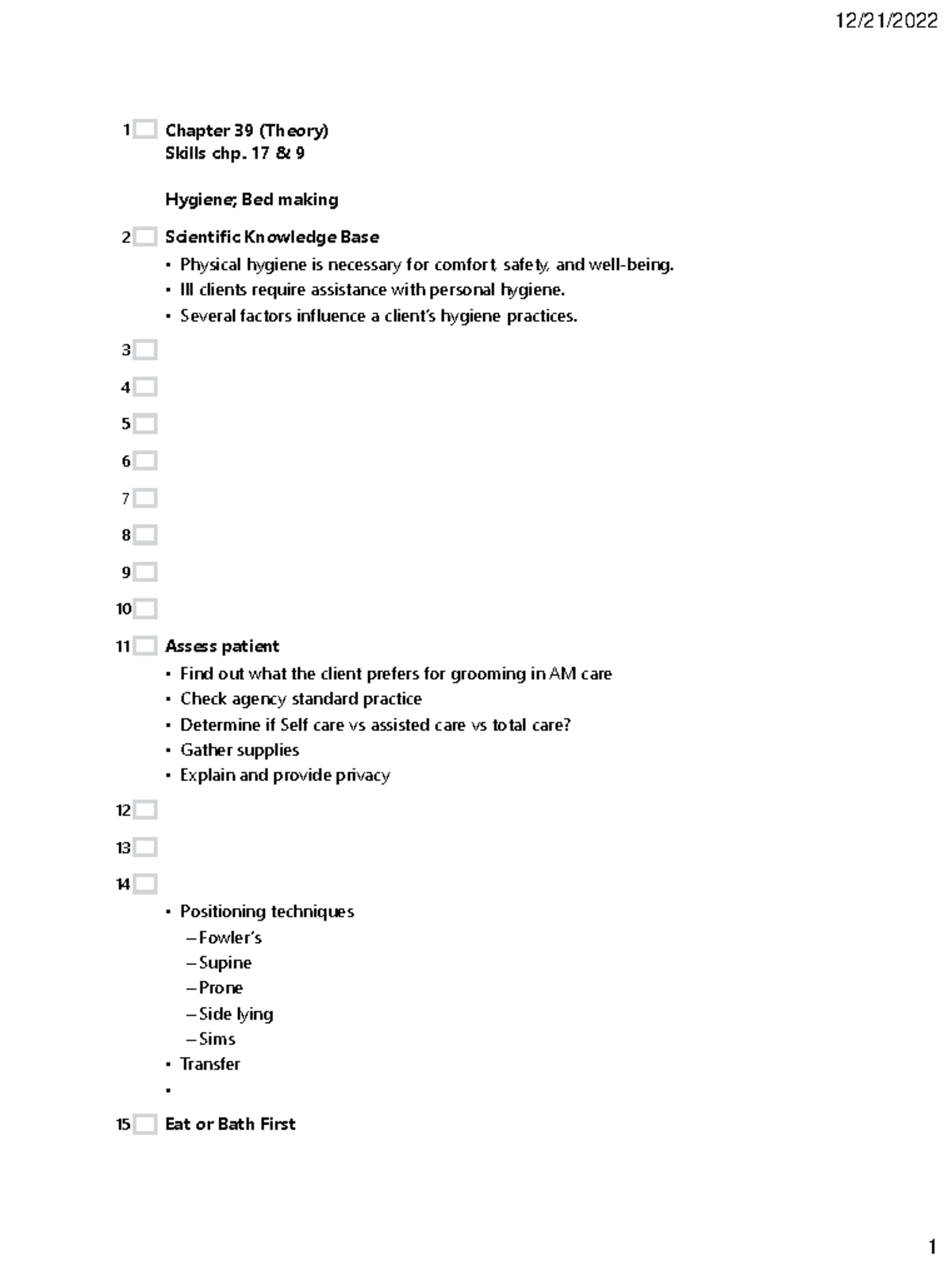 Chapter 27 Hygiene Bed Making - 12/21/ 1 Chapter 39 (Theory) Skills chp ...