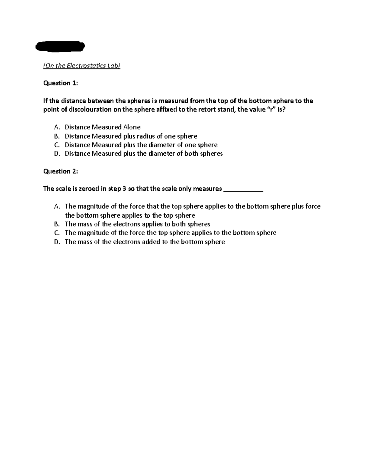 Skills quiz 2 - physics - Abhi Madela (On the Electrostatics Lab ...