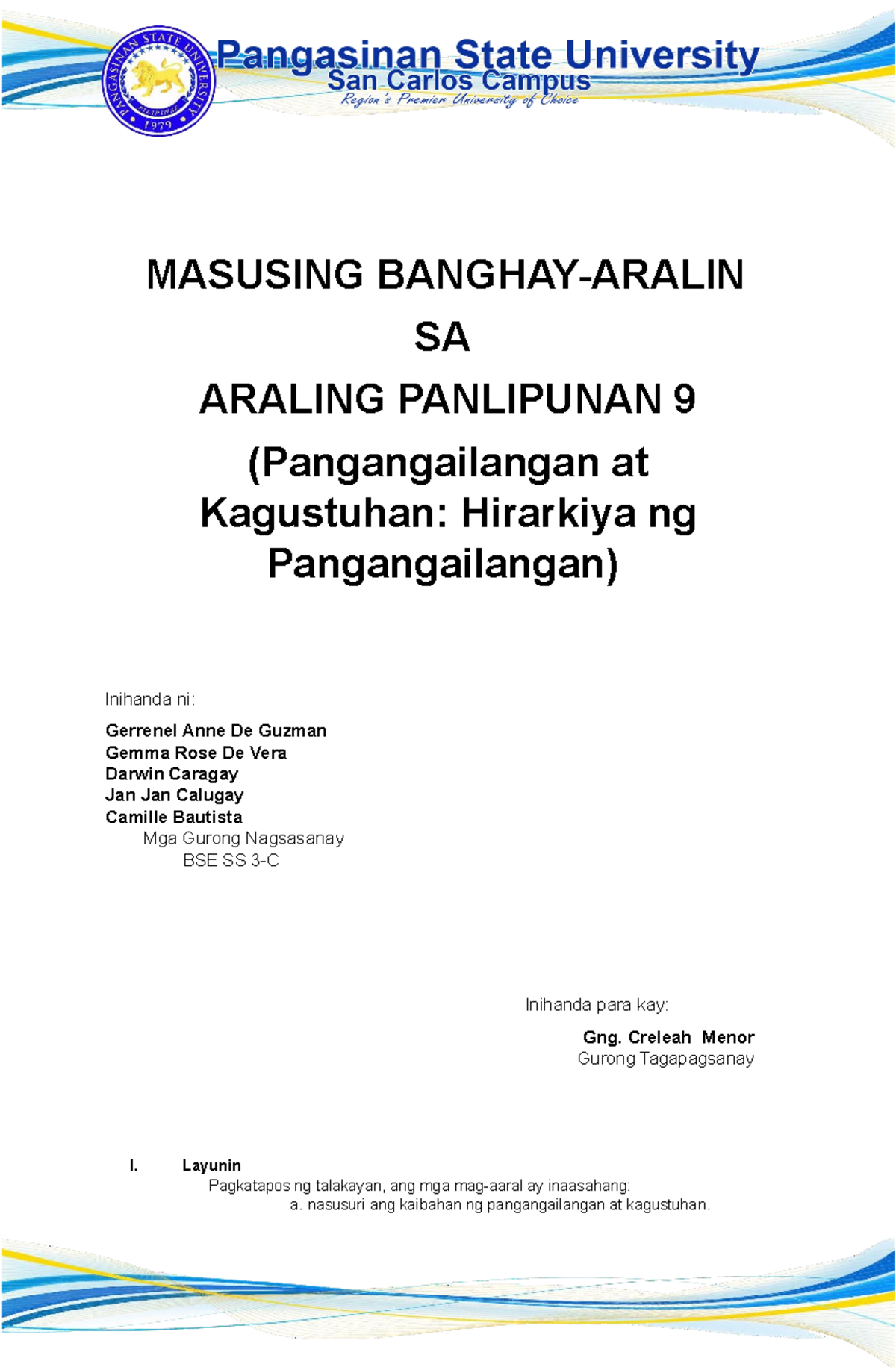 DLP - N/a - MASUSING BANGHAY-ARALIN SA ARALING PANLIPUNAN 9 (Pangangailangan at Kagustuhan ...