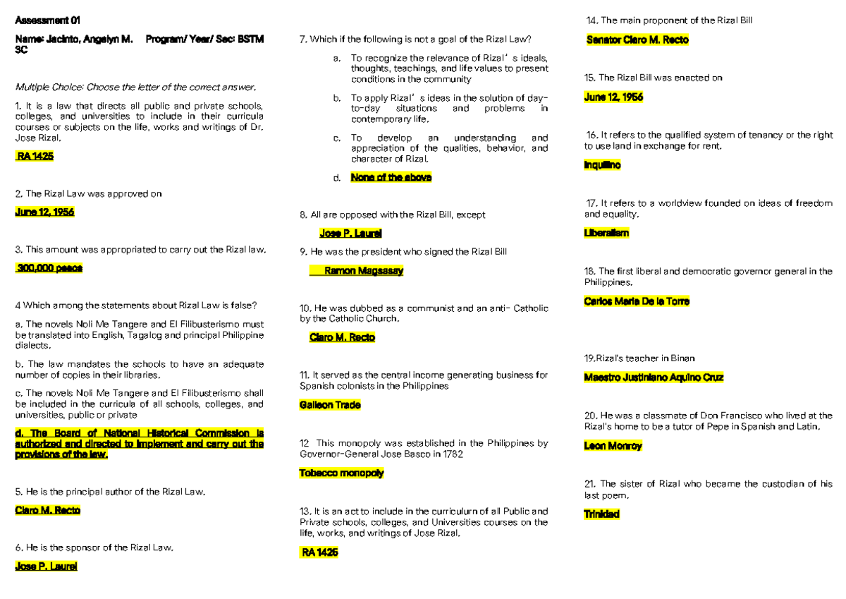 Rizal rev - Reviewer - Assessment 01 Name: Jacinto, Angelyn M. Program ...