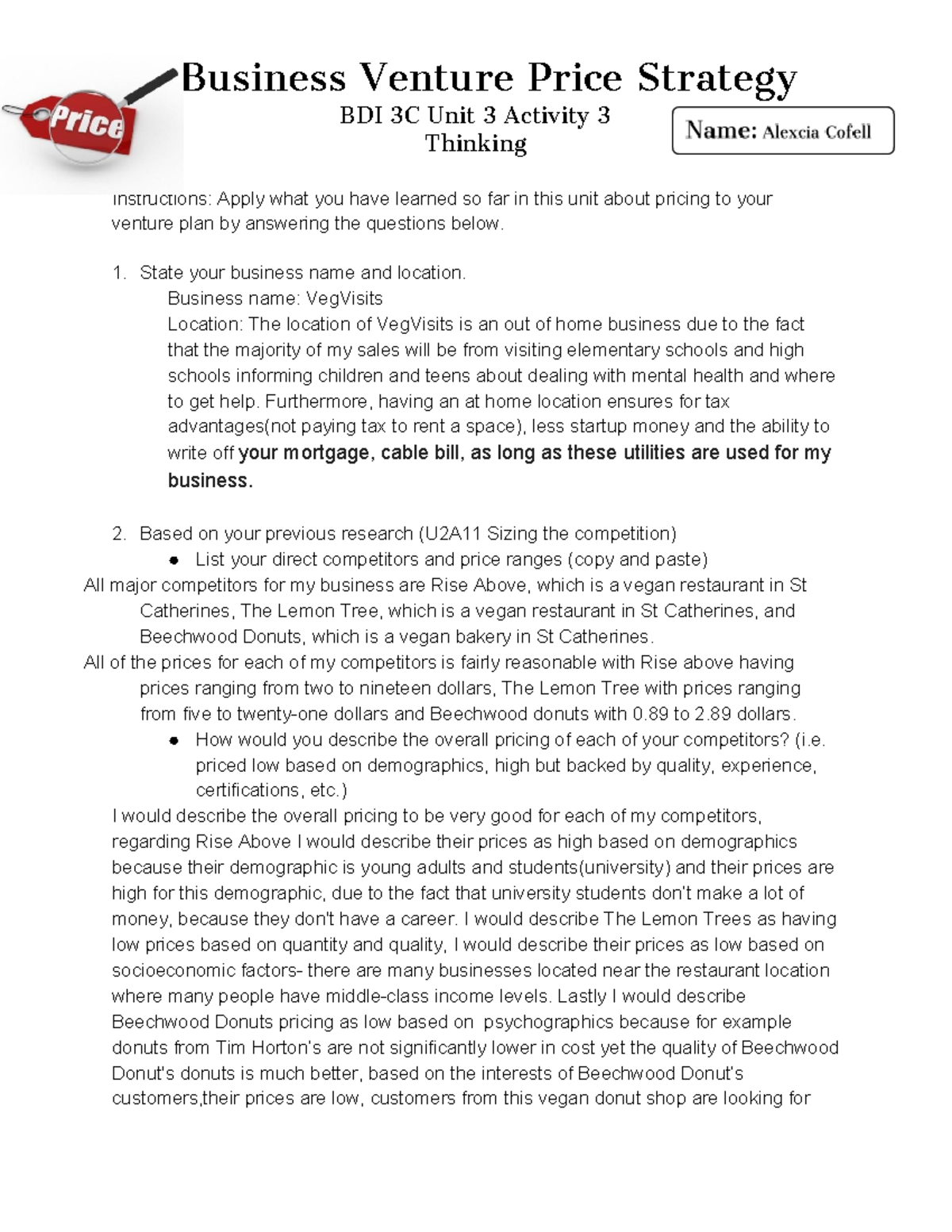U3A3 Business Venture Price Strategy V2 - Business Venture Price ...