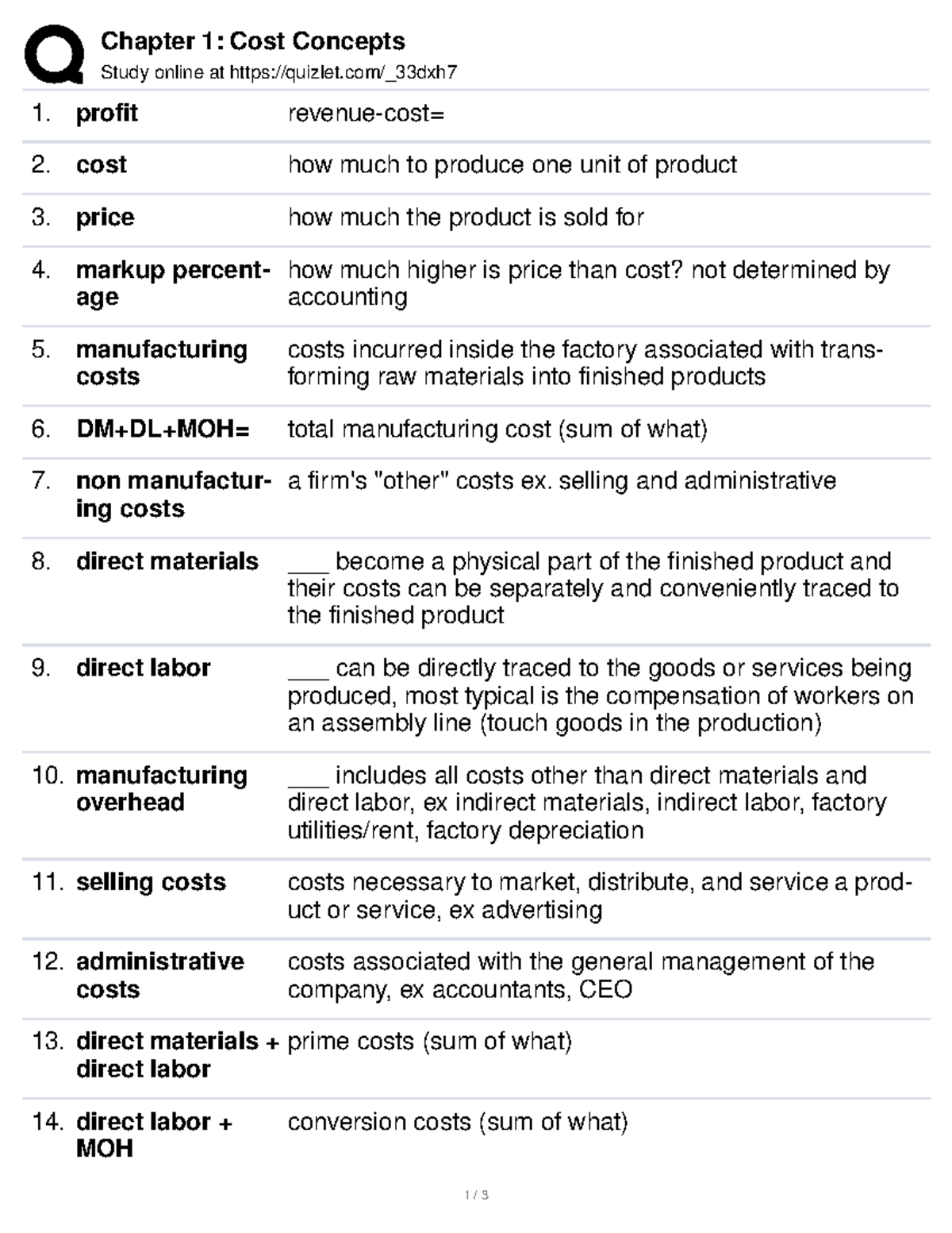 Cost concept - Chapter 1: Cost Concepts Study online at quizlet/_33dxh profit revenue-cost= cost ...
