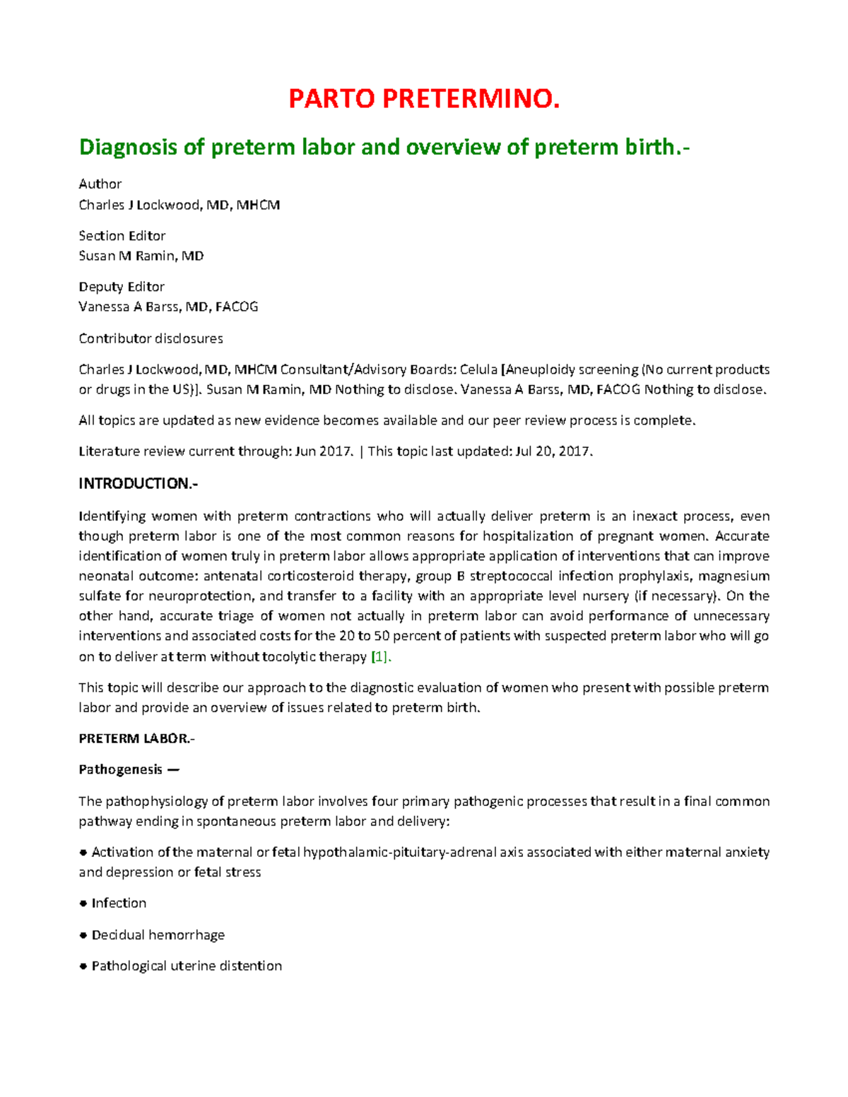 4-Parto pretermino - PARTO PRETERMINO. Diagnosis of preterm labor and ...
