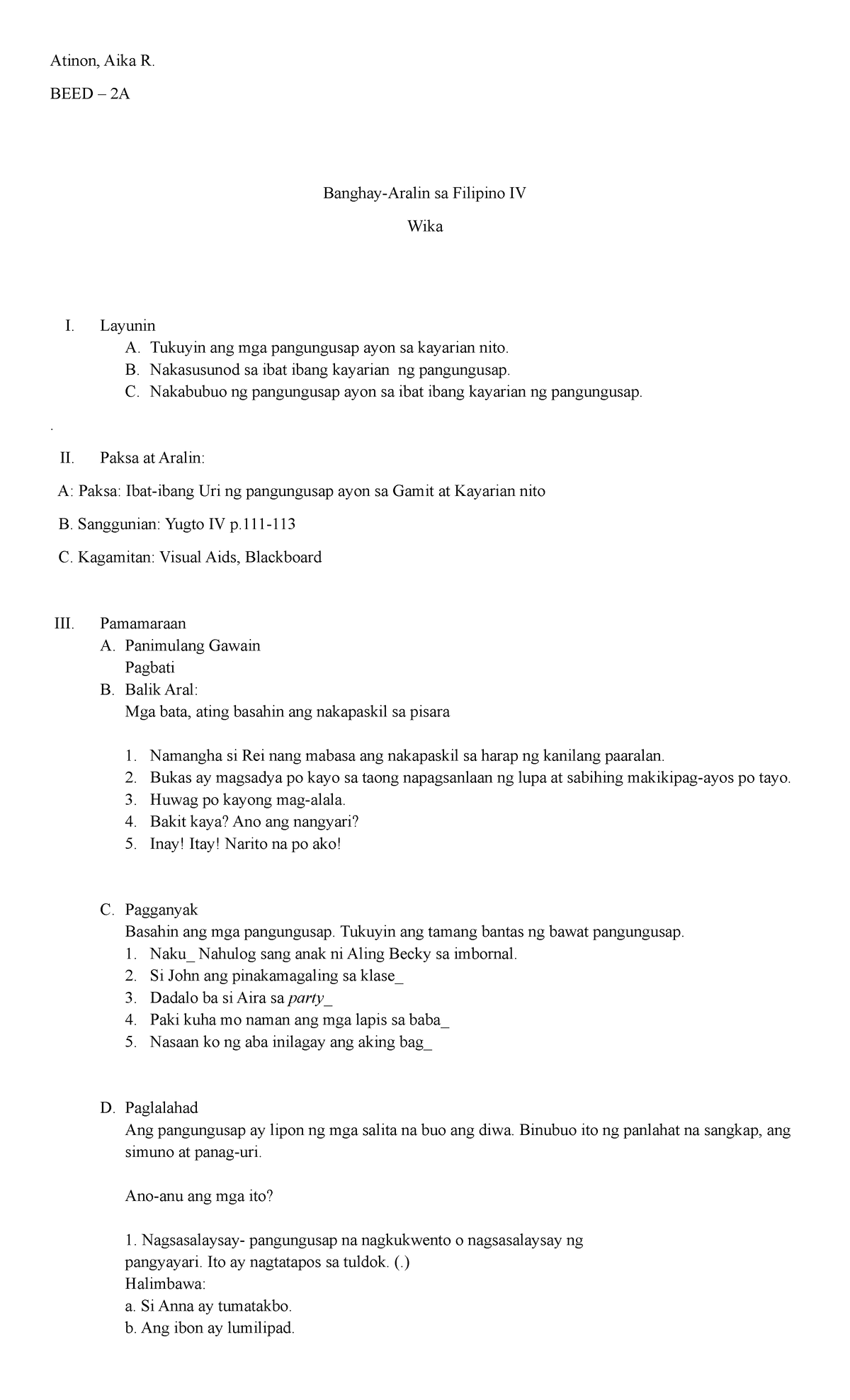 Filipino Lecture - Atinon, Aika R. BEED – 2A Banghay-Aralin sa Filipino ...