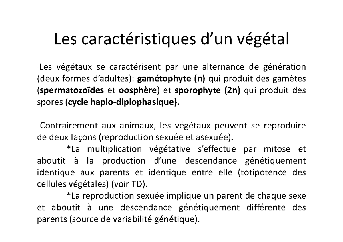 Biologie Végétale Résumé 01 - Les caractéristiques d’un végétal Les ...