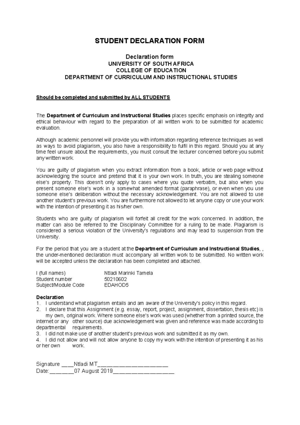 Plagiarism form - NO ADDDITIONAL INFORMATION - STUDENT DECLARATION FORM ...