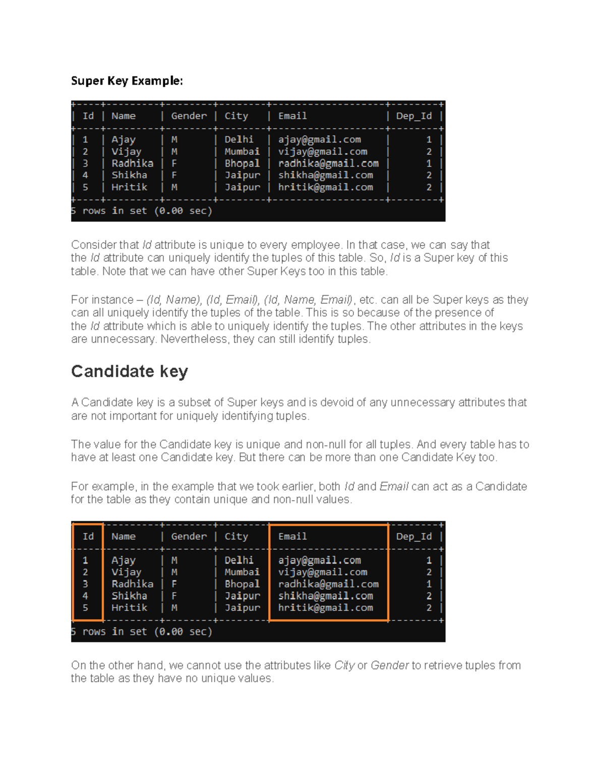 Super Key candidate key and primary key - Super Key Example: Consider ...