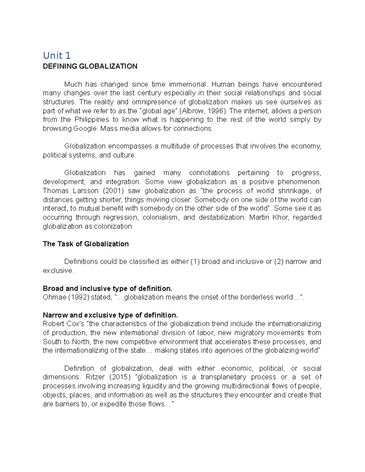 UNIT 1 Defining Globalization GEC 103 - Unit 1 DEFINING GLOBALIZATION Much has changed since ...