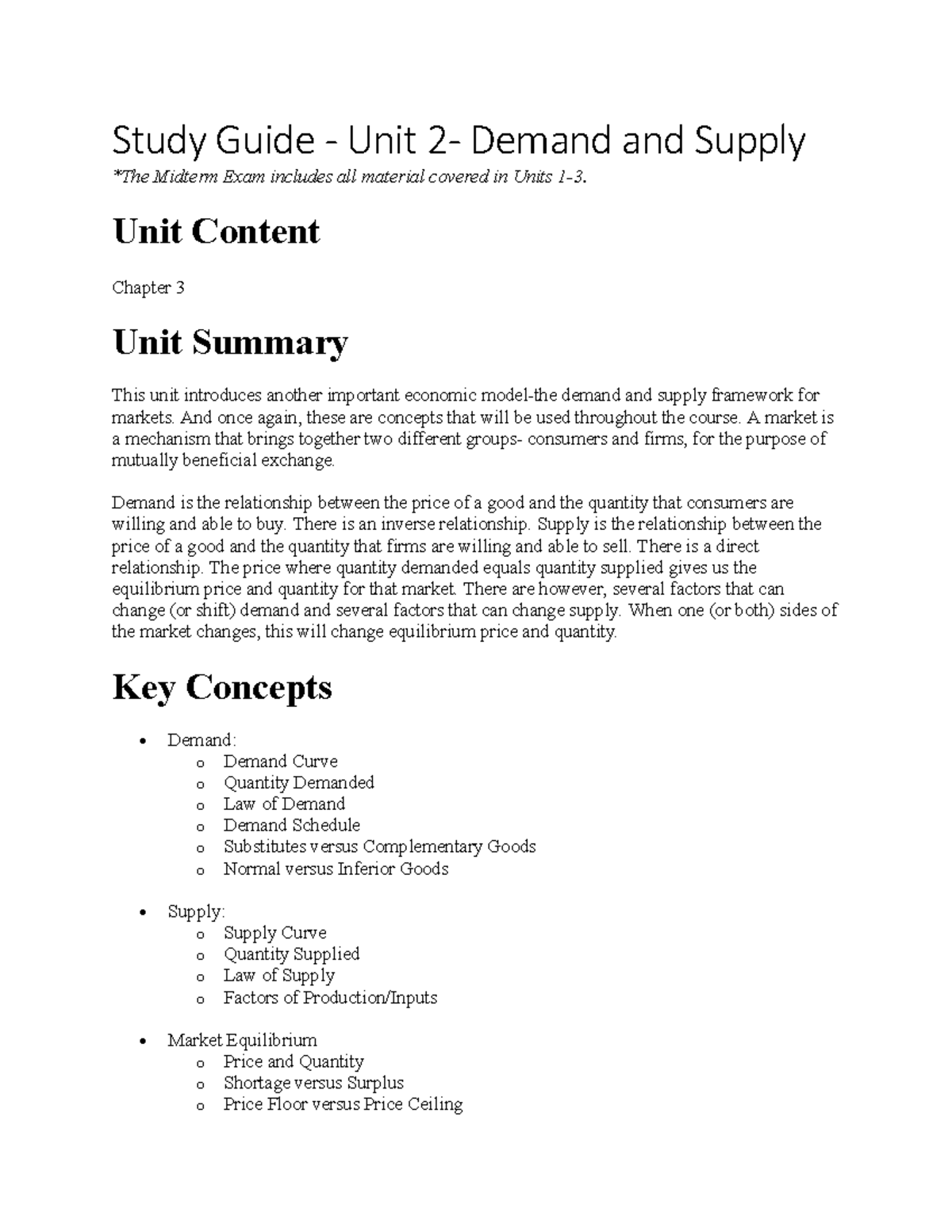 Unit 2 Study Guide - Study Guide - Unit 2- Demand and Supply *The ...
